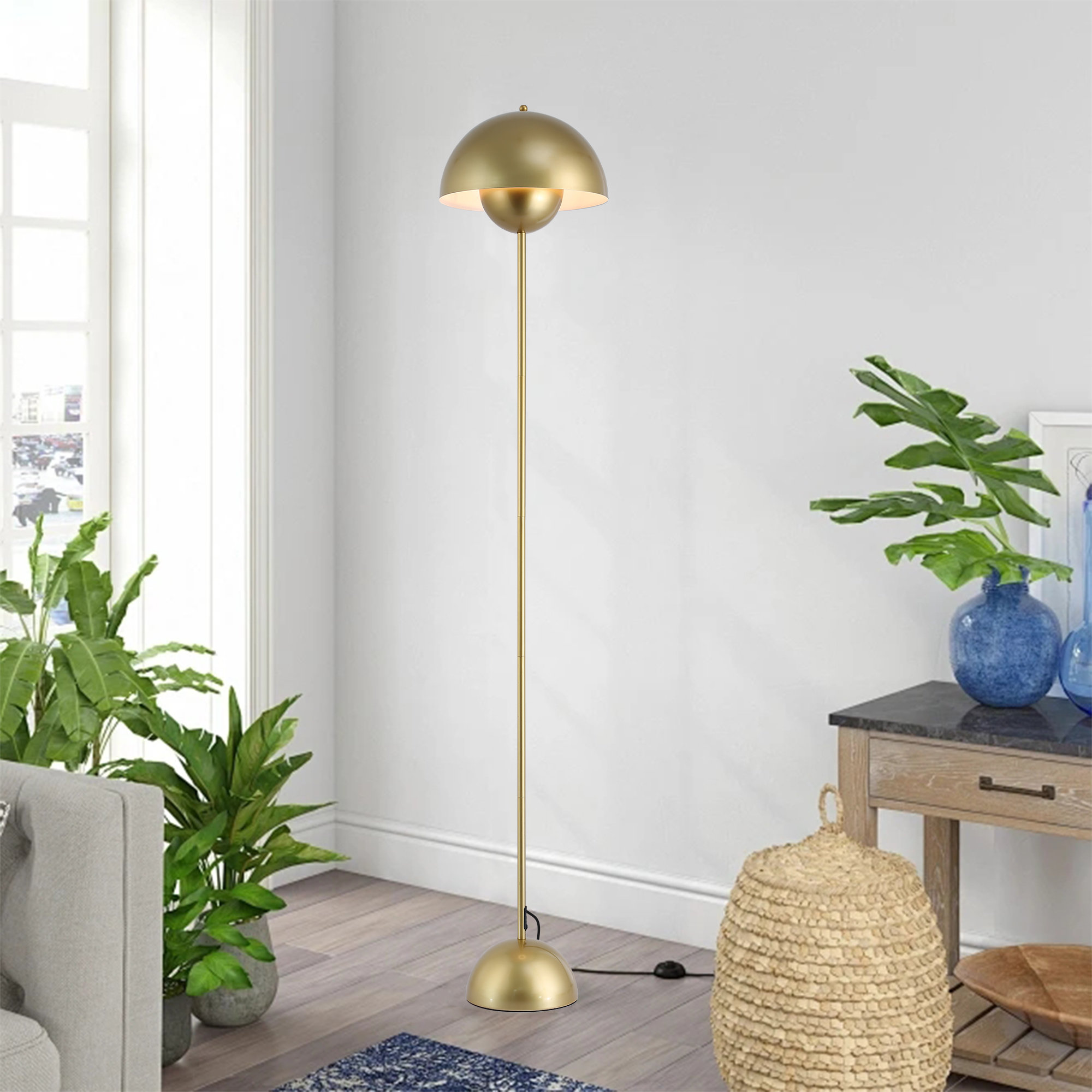 Wrought Studio™ Industrial Metal Shade Gold Floor Lamp With Foot Switch ...