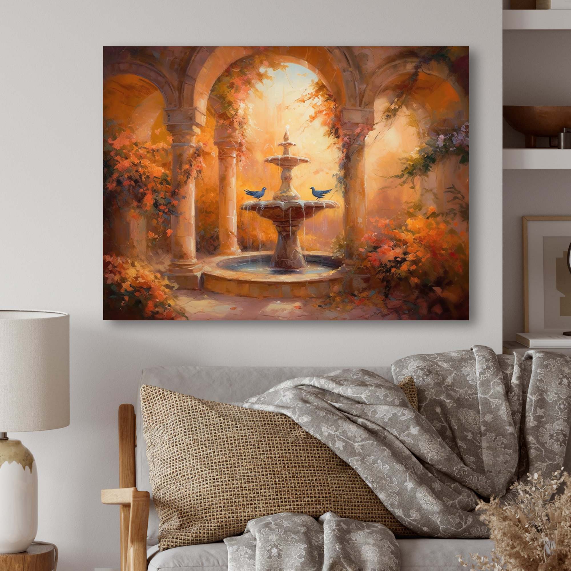 Alcott Hill Ryett Floral Fountain And Birds III On Canvas Print | Wayfair