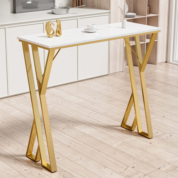 Mercer41 47" Modern White Bar Table, Golden Double Pedestal | Wayfair