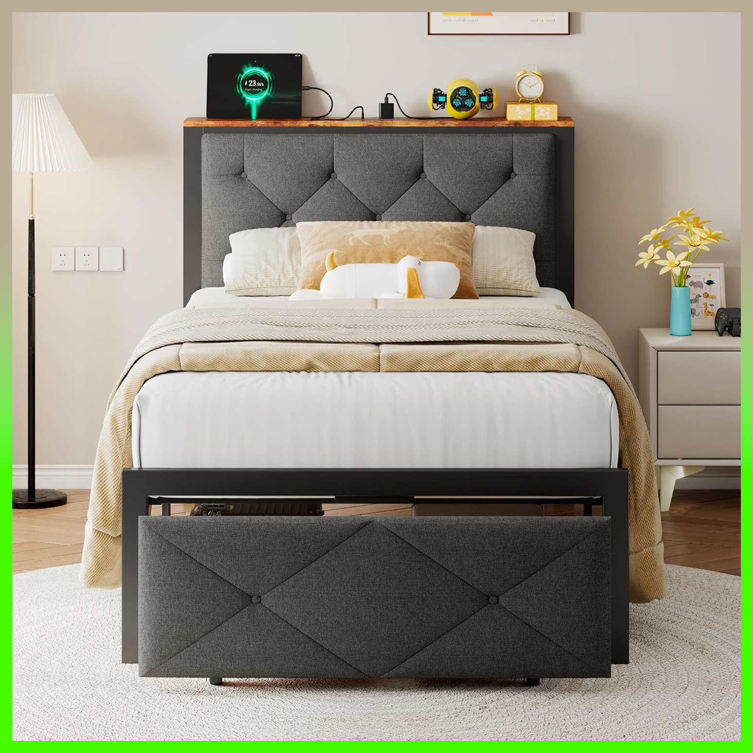Latitude Run® Twin Modern Style Bed Frame With 2 Storage Drawers, Upholstered Button Tufted ...