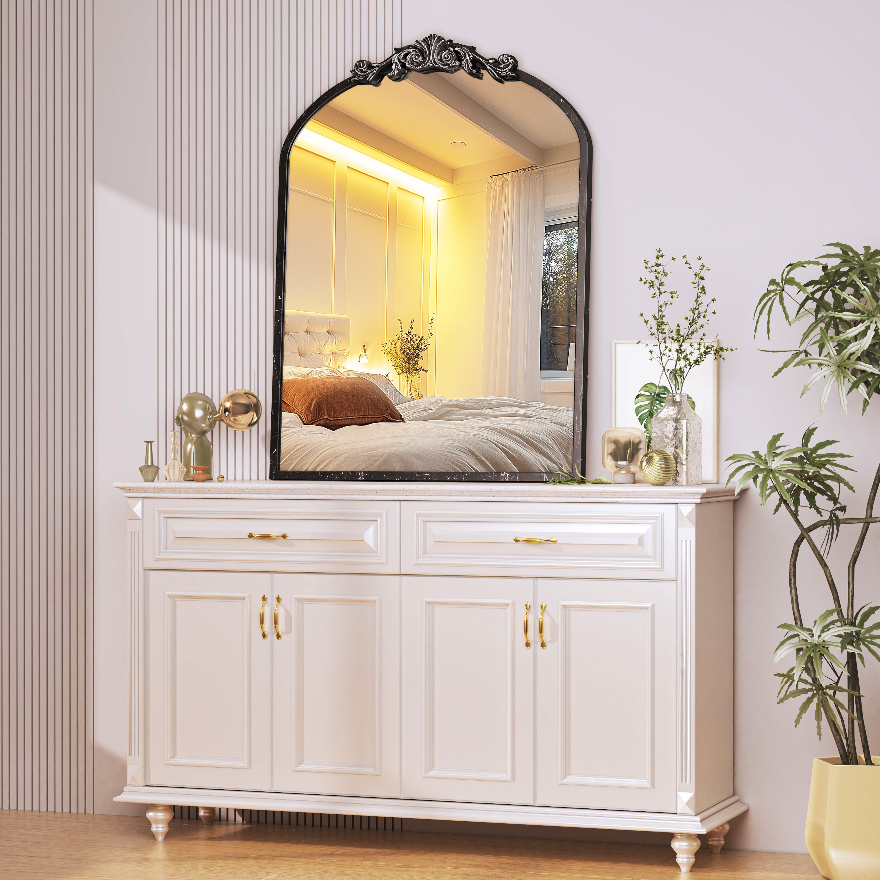 Fleur De Lis Living Black Vintage Wall Mirror, Antique Arched Mirror ...