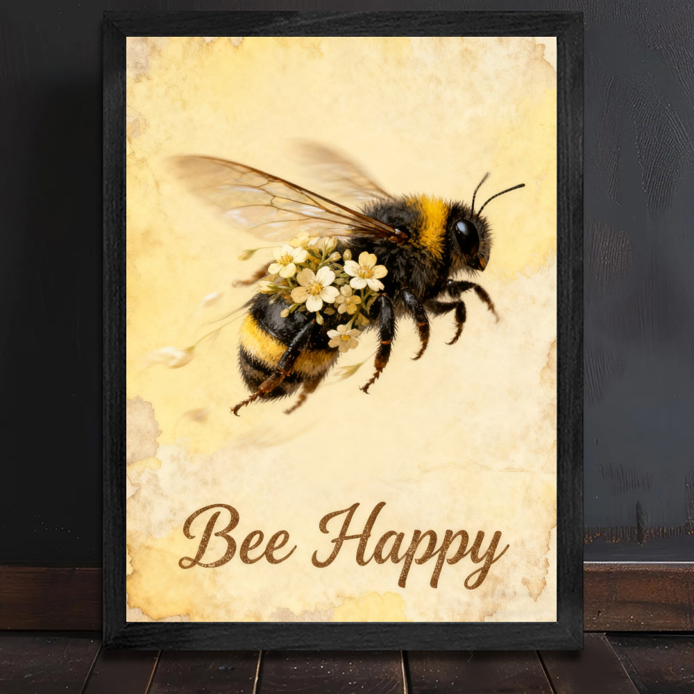 Ophelia & Co. Black Framed Vintage Bee Happy Wall Art Retro Style ...