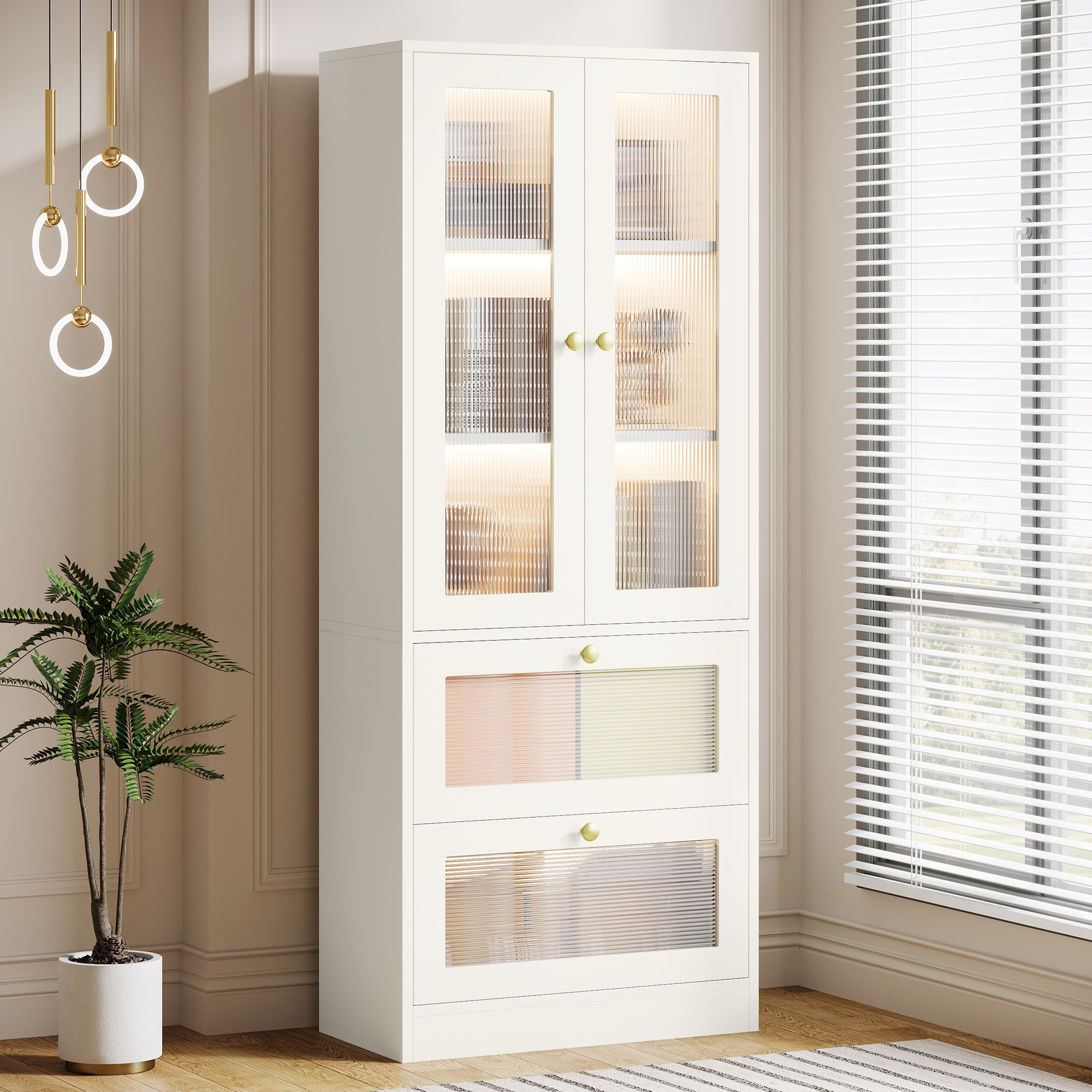 Ebern Designs White Bookcase With Acrylic Doors and LED Light | Wayfair