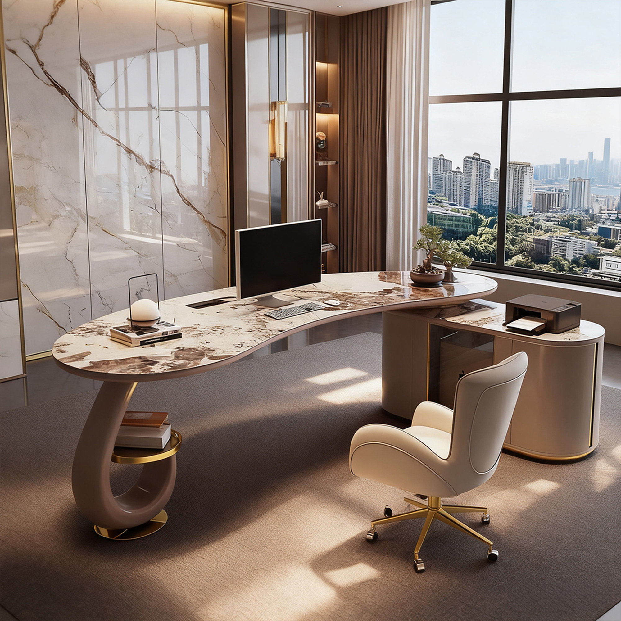 Orren Ellis Italian-Style Luxury Elliptical Sintered Stone Desk with ...