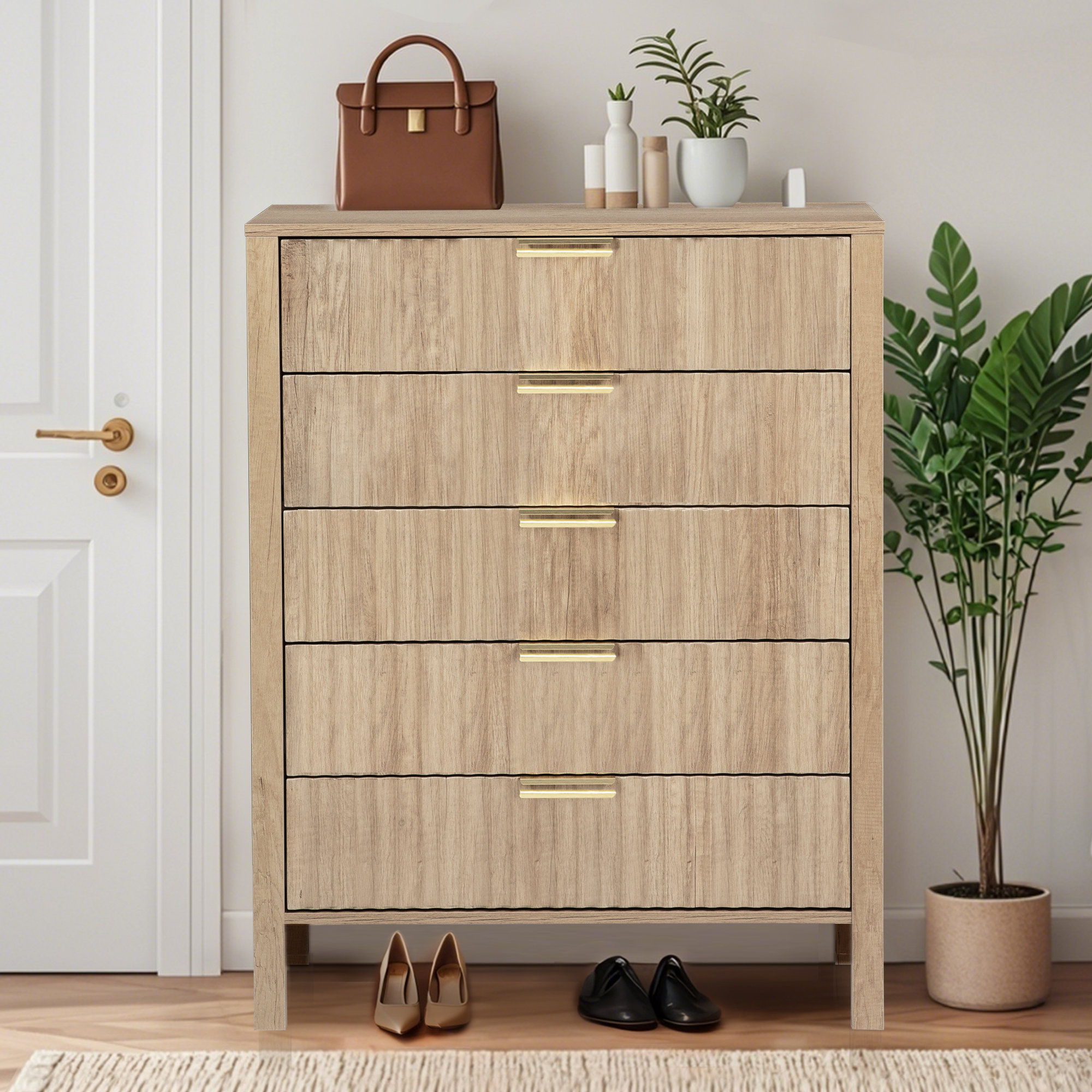 Ebern Designs Fluted 5 Drawer Dresser, Wooden Chest of Drawers with Wide Metal Handles, Tall ...