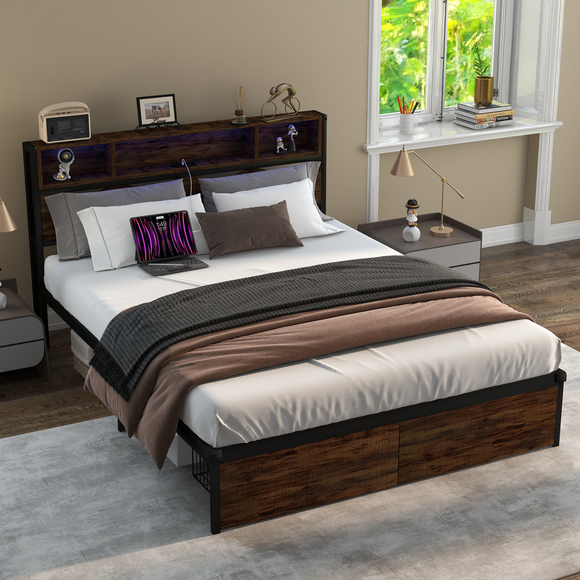 17 Stories Steffy Metal Platform Storage Bed With USB Ports and LED ...