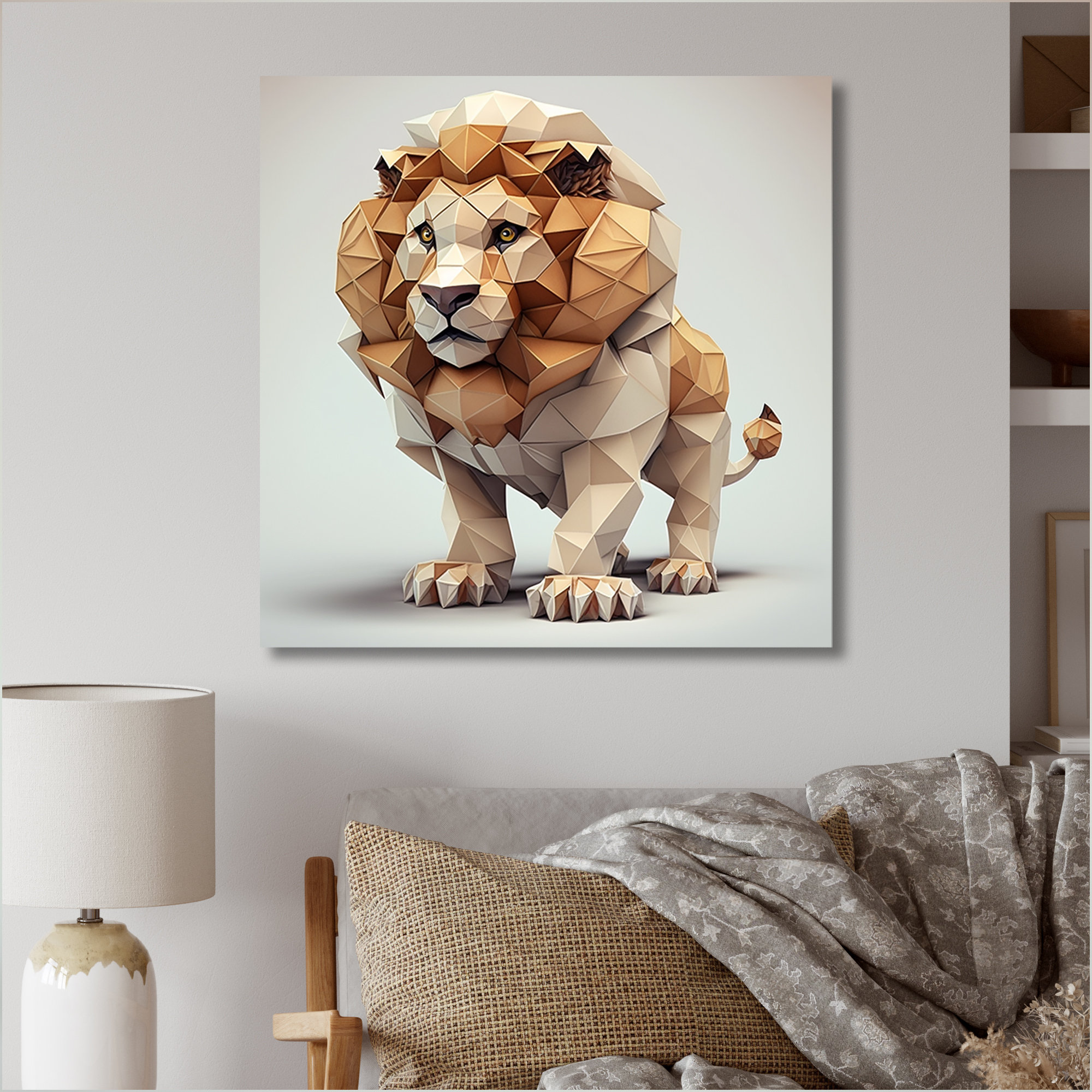 Bungalow Rose Cute Little 3D Geometric Lion - Print on Canvas | Wayfair