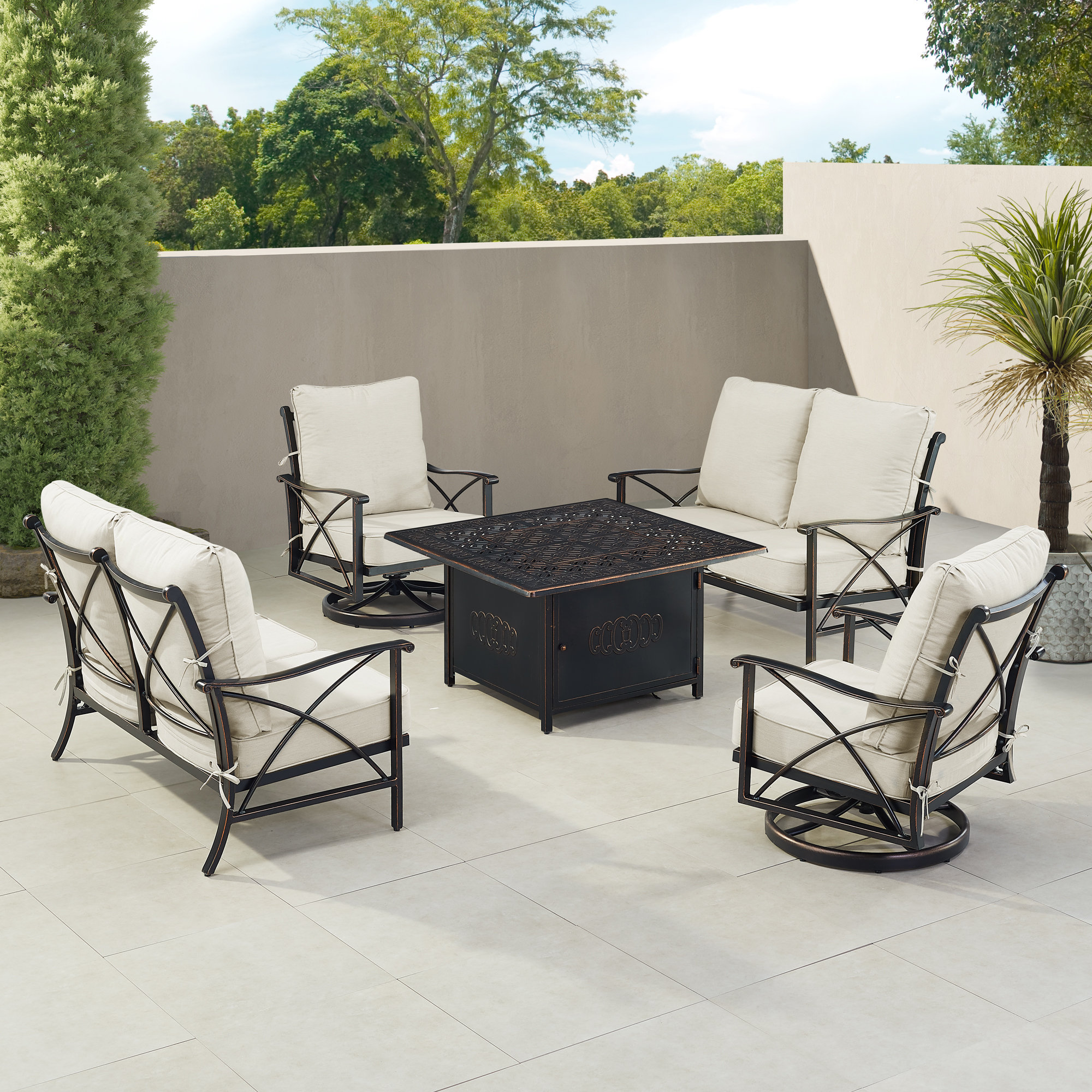 Canora Grey Black Aluminum Fire Table Set with Two Loveseats and Two ...