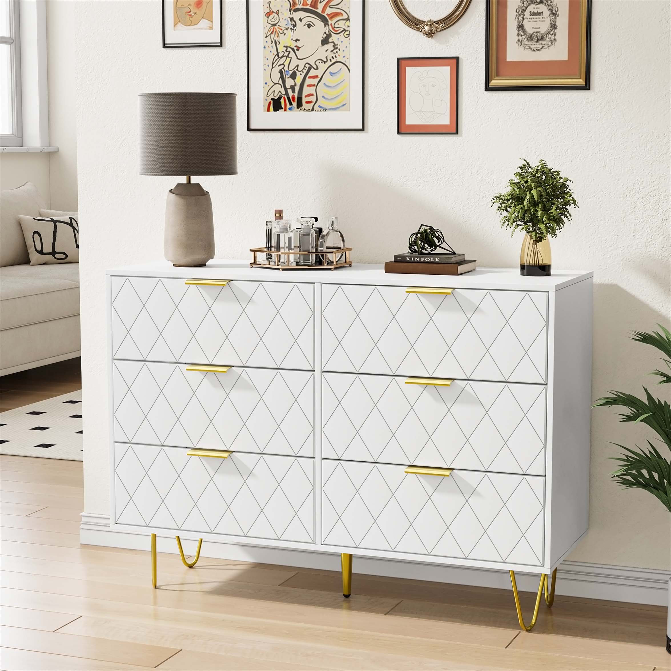 Ebern Designs Commode 6 tiroirs moderne en bois blanc avec poignées ...