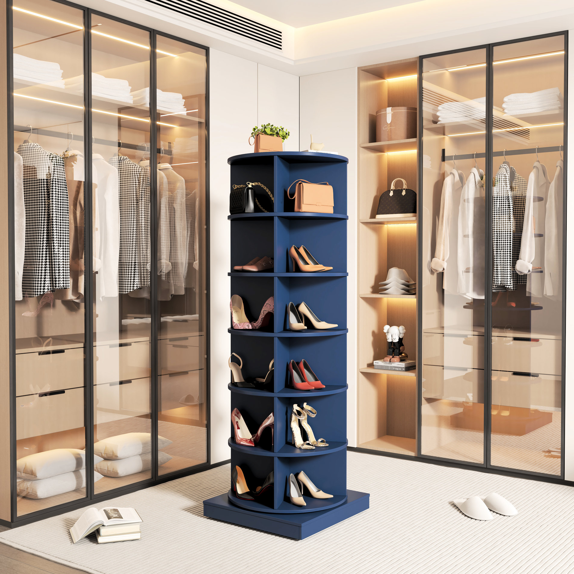 Ebern Designs Smoke Blue 360 Rotating Shoe Cabinet, 6 Layers, For Whole ...