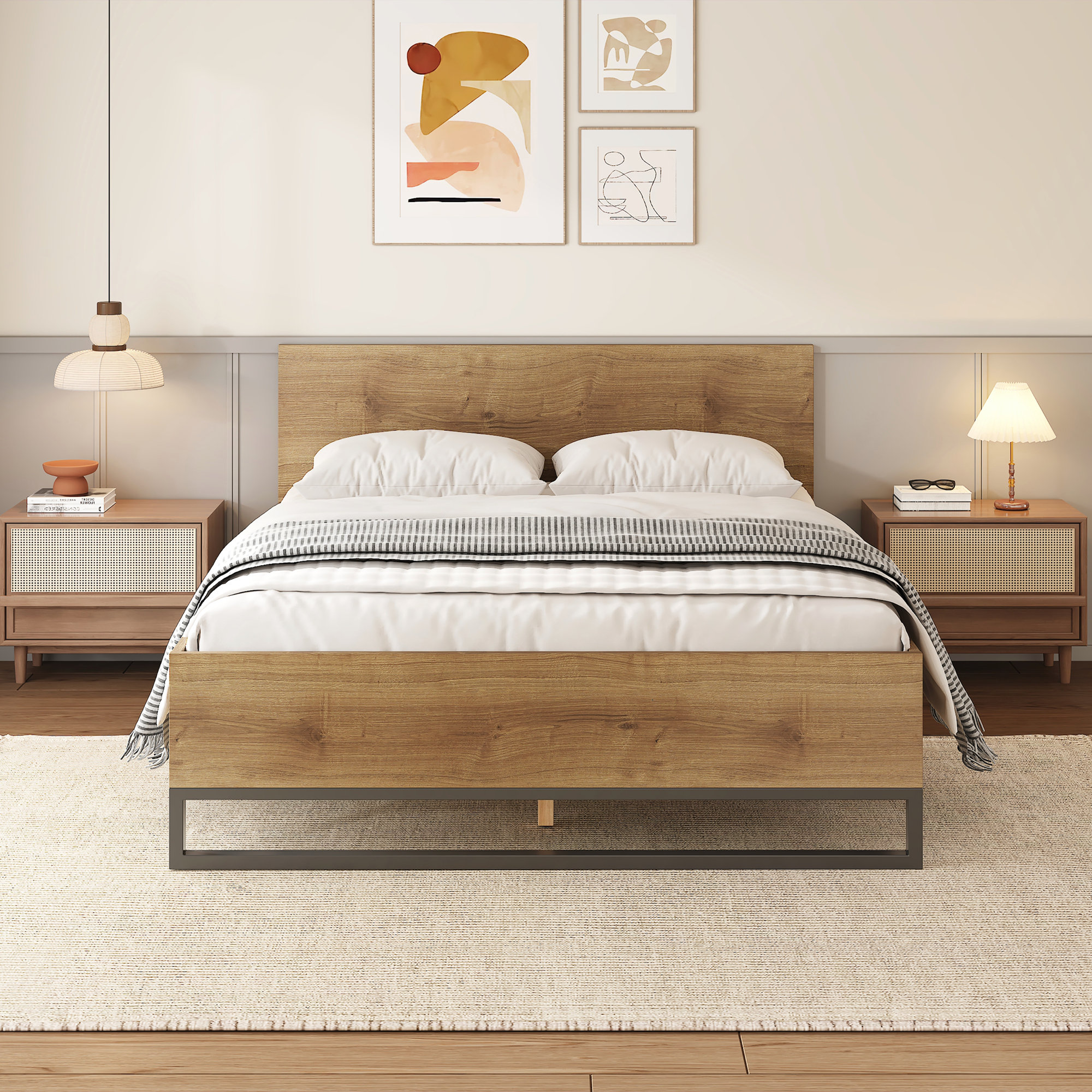 17 Stories Engineered Wood Bed Frame with Natural and Black Finish ...