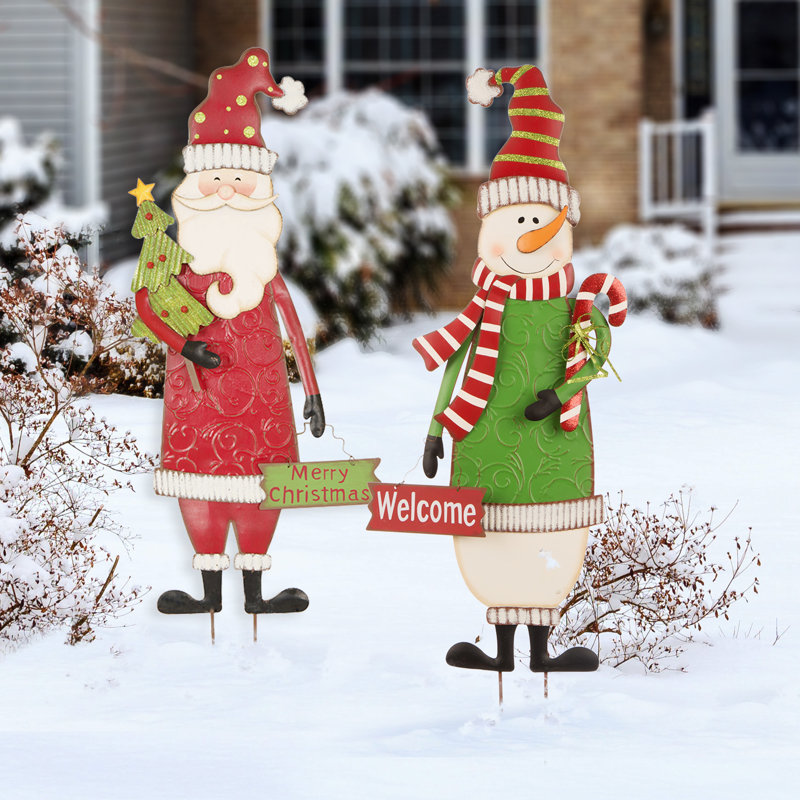 Andover Mills 2 Piece Metal Christmas Snowman & Santa Yard Stake or ...