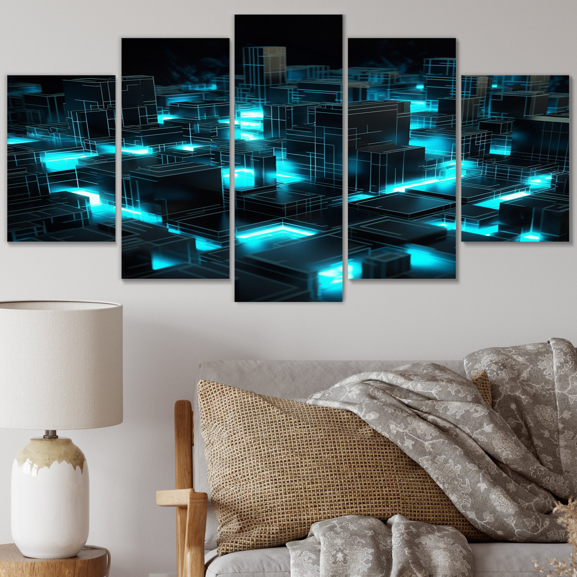 Wrought Studio 3D Cityscape Future Blueprint Turquoise V - Futuristic ...