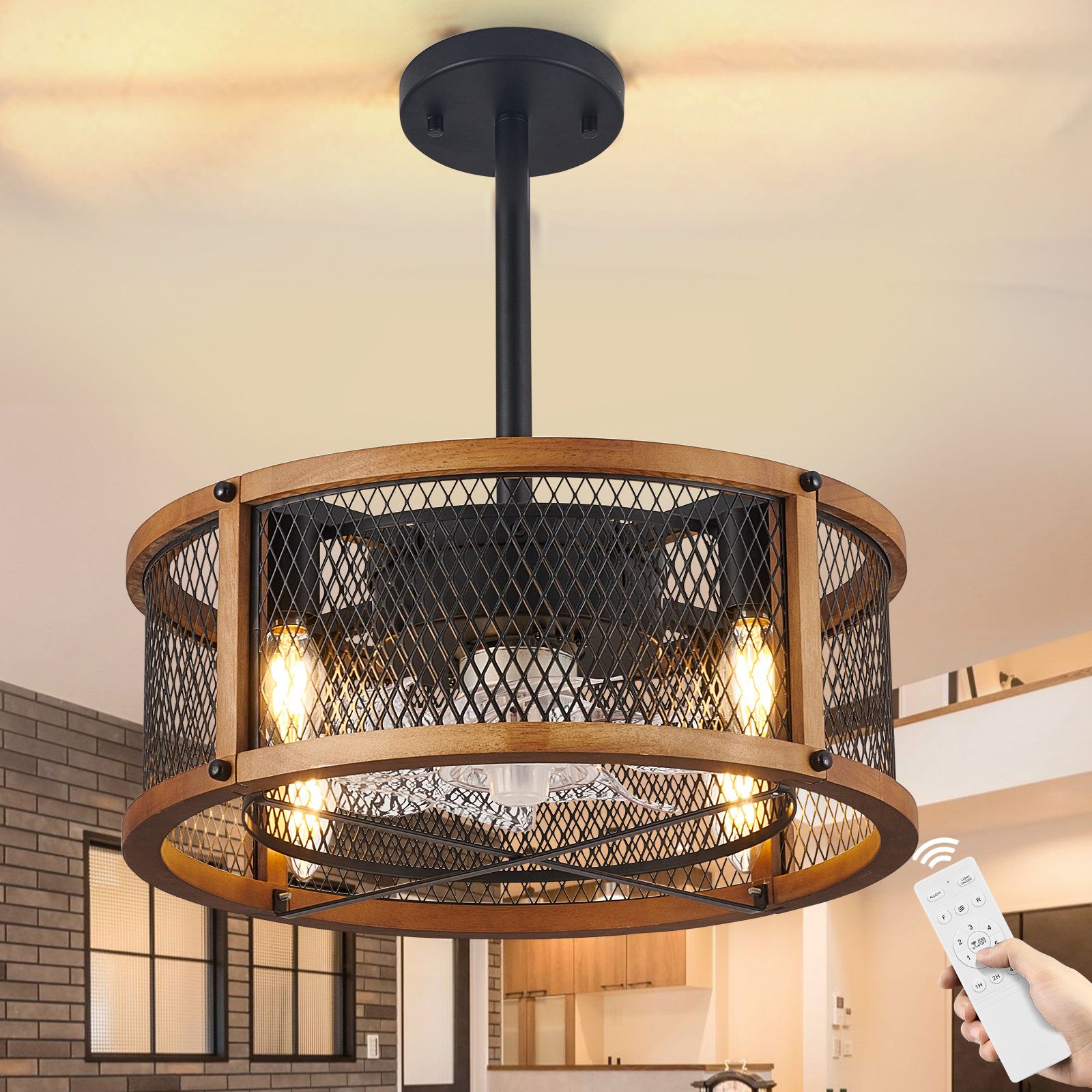 17 Stories Zosimos 15.7” Cage Ceiling Fan with Lights and Remote Control, Industrial Style ...