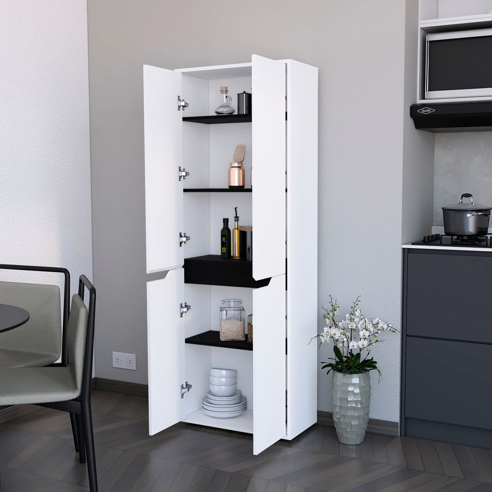 Ebern Designs 5-shelf Kitchen Pantry In Pure White - Two Cabinets For ...