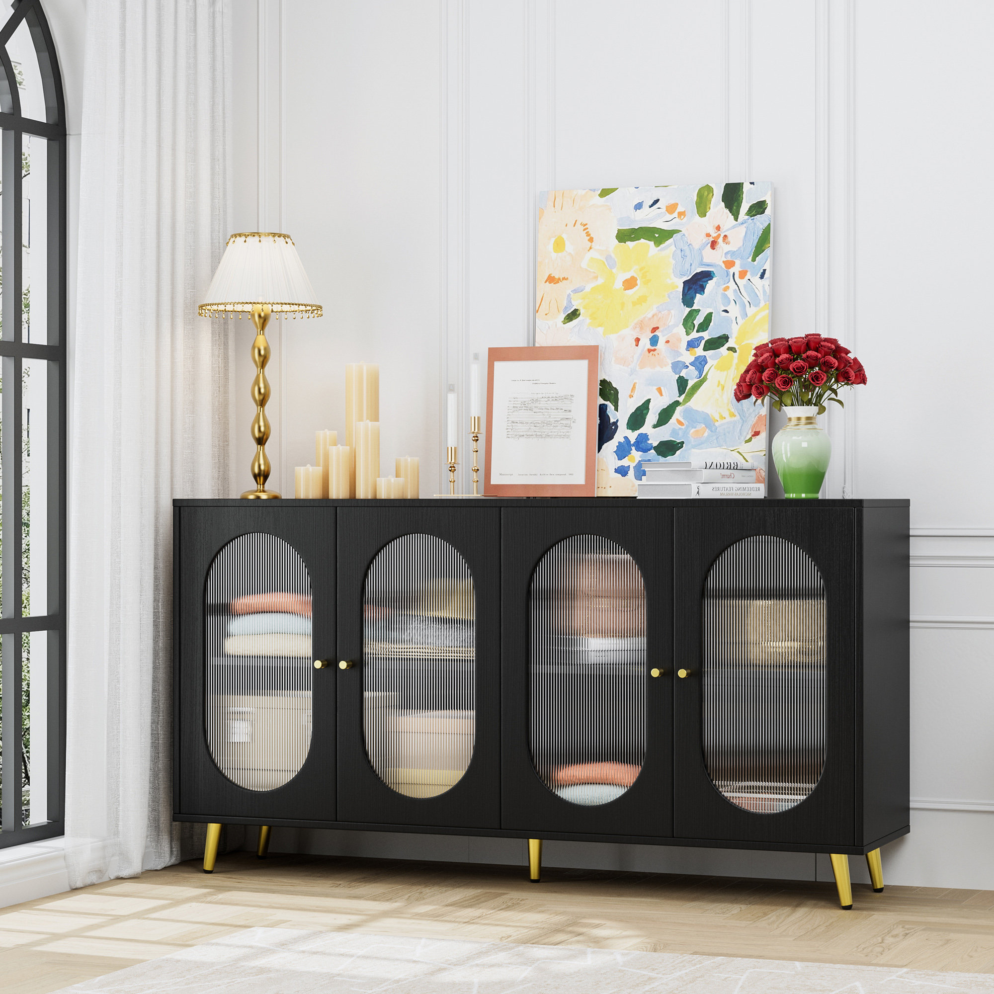 Mercer41 Accent Sideboard Cabinet With Acrylic Doors, Freestanding ...