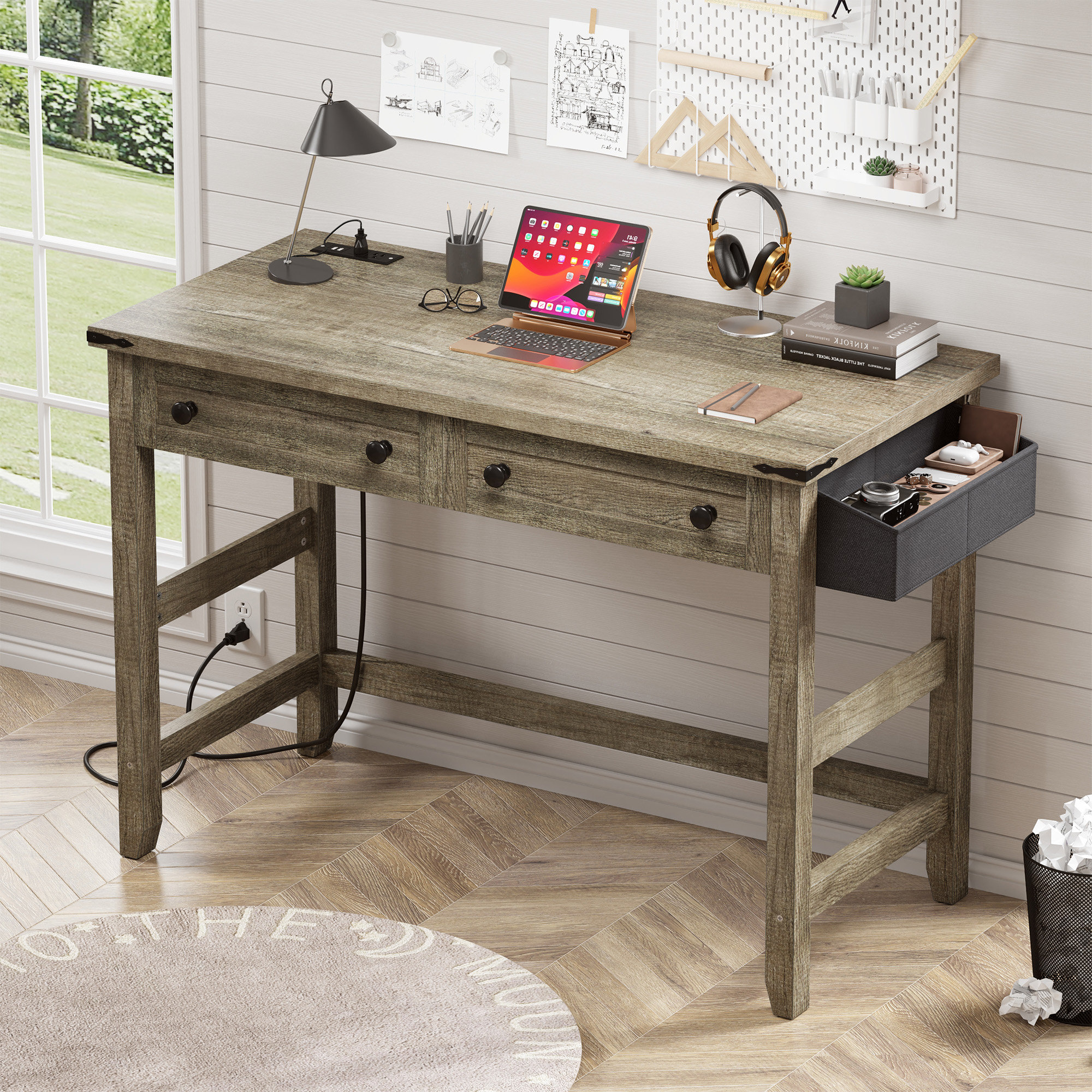 Millwood Pines Small Desk With Power Outlets And USB,Rustic Farmhouse ...