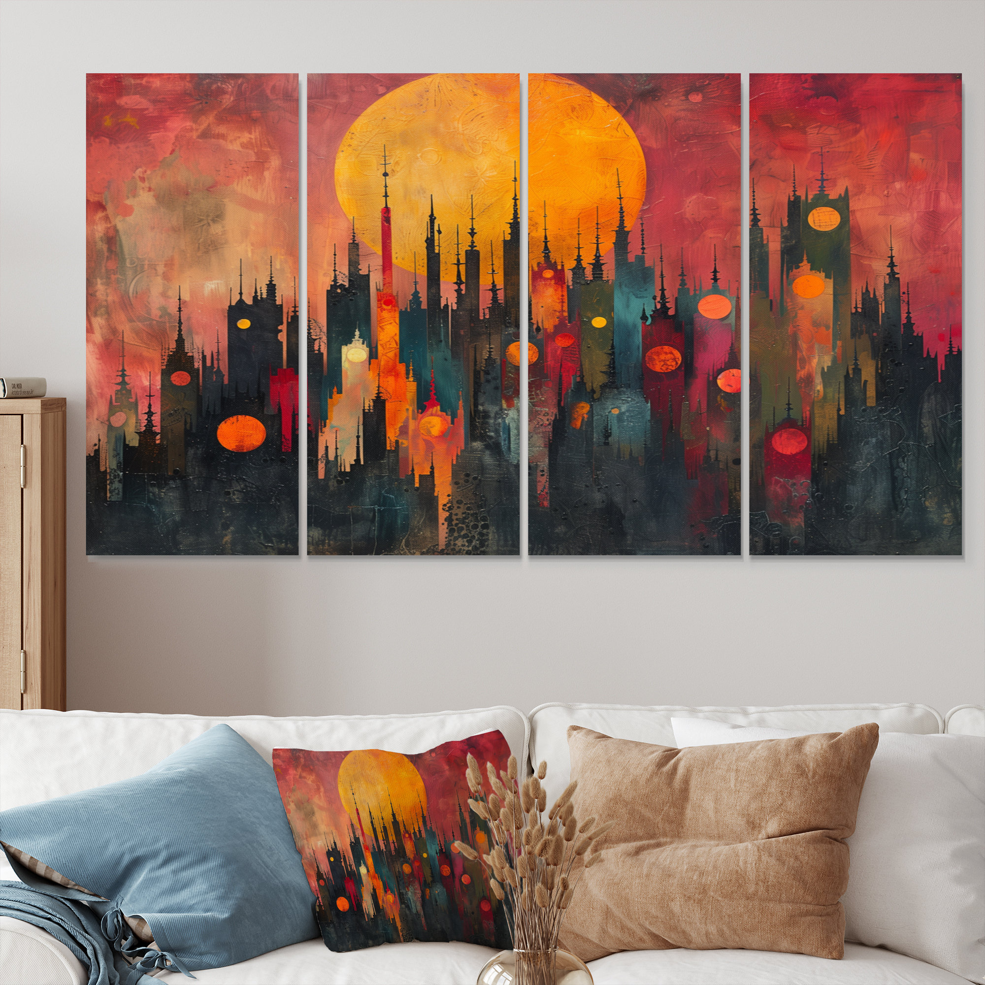 Design Art Red Yellow Fantastical Folly Towers IV - Towers Wall Decor ...