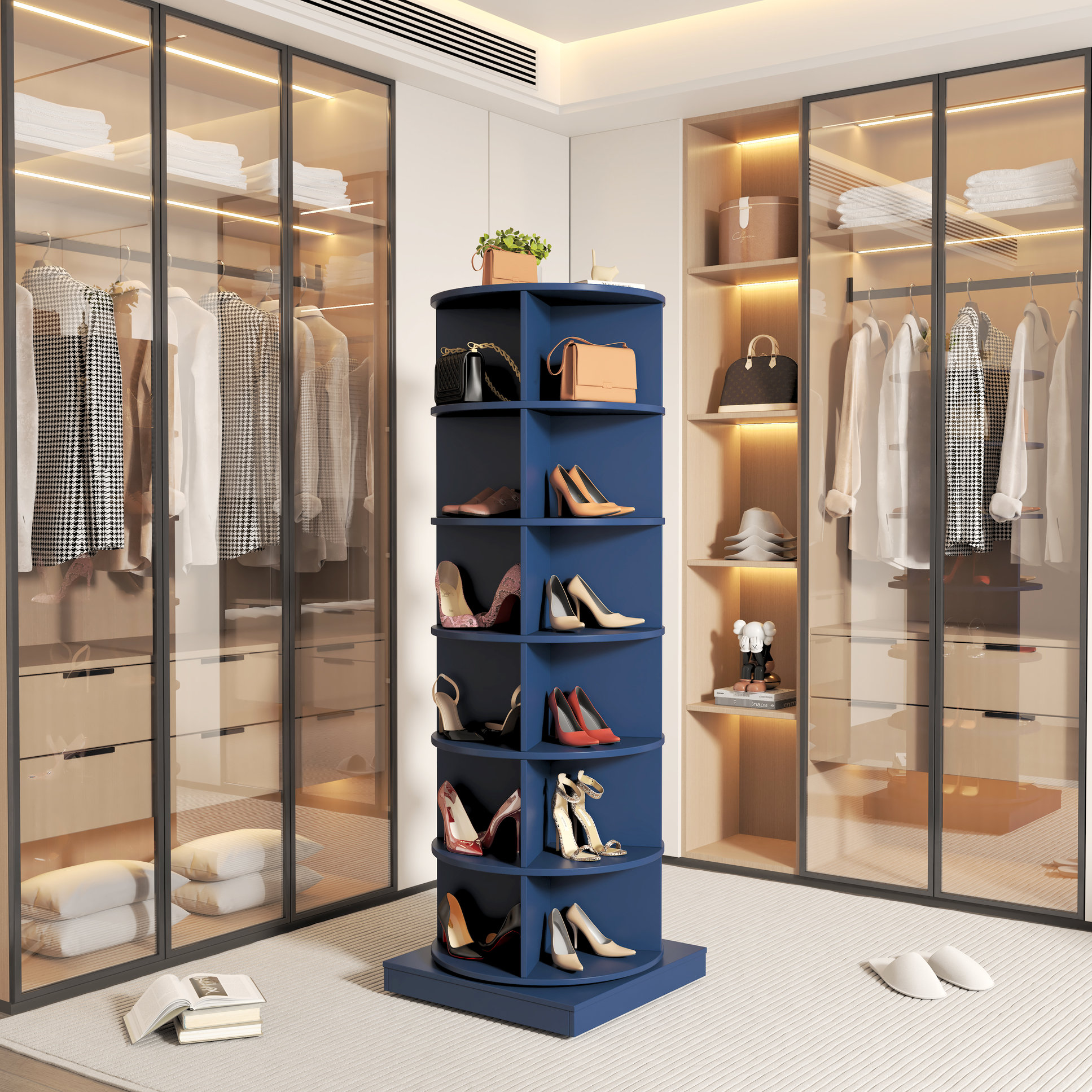 Ebern Designs Smoke Blue 360 Rotating Shoe Cabinet, 6 Layers, For Whole ...