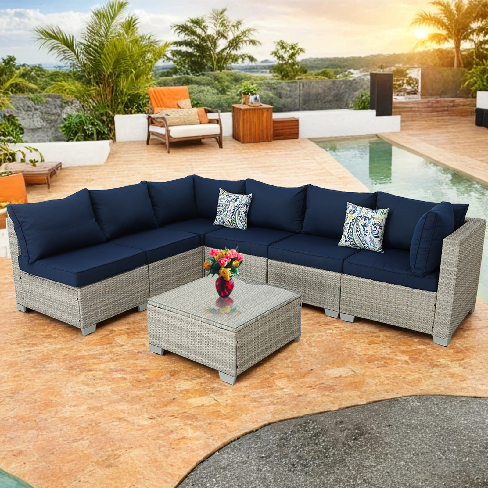 EROMMY 7 PCS Wicker Patio Furniture Set, Outdoor Rattan Sofa Set with ...