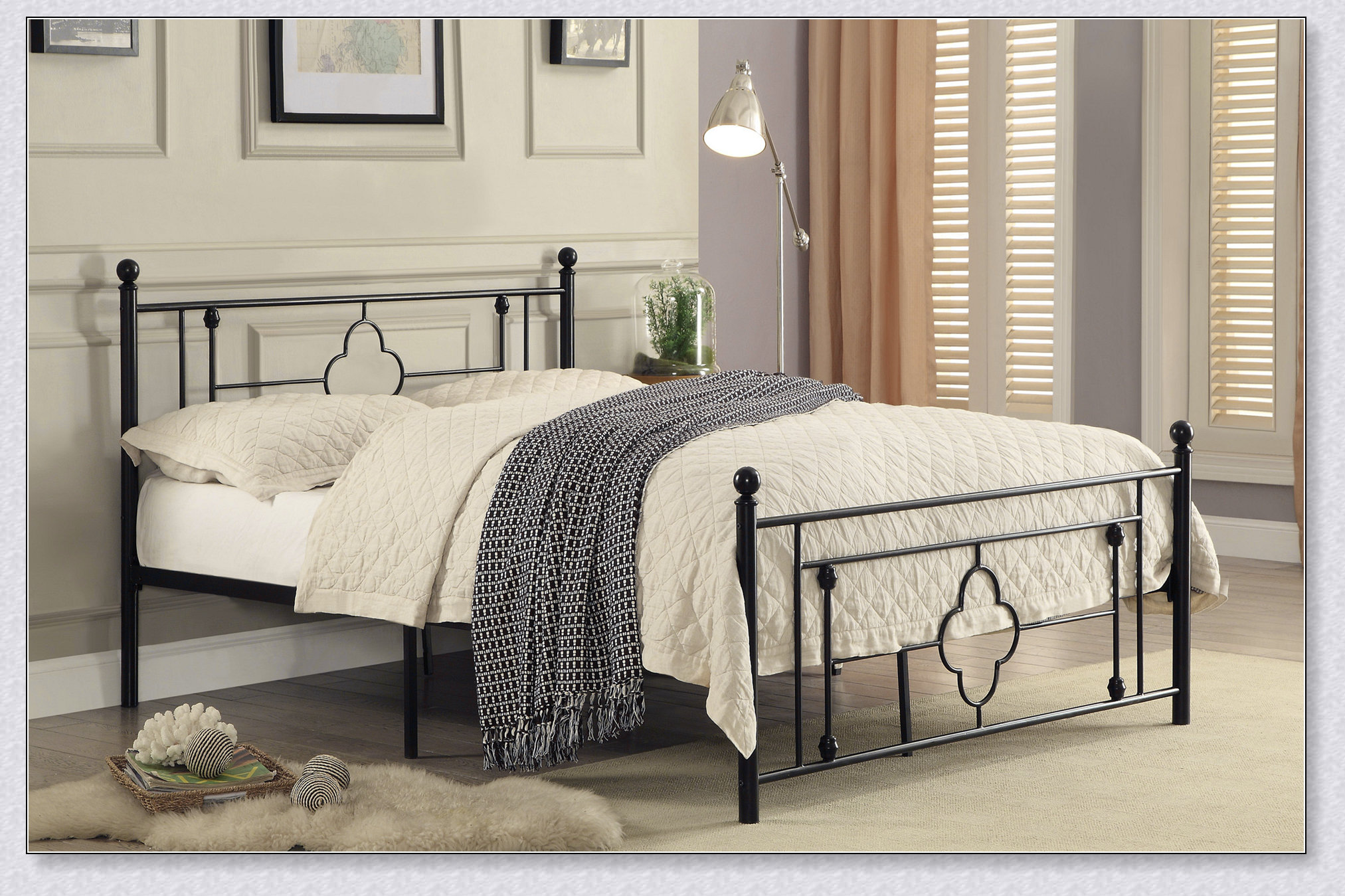 Mercer41 1Pc Platform Bed Black Finish Metal Frame Ball Finials Modern ...