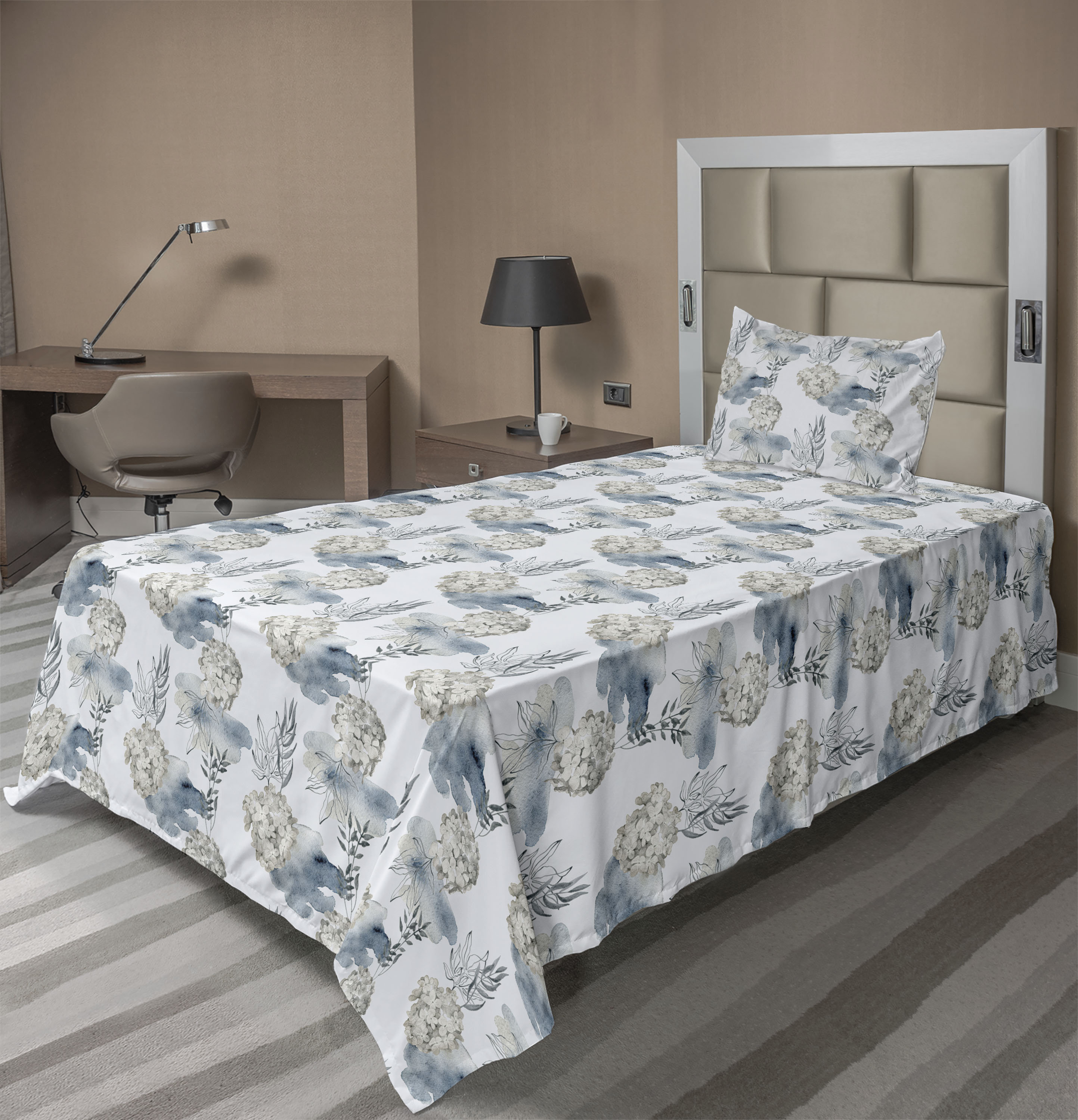 Ambesonne Floral Sheet Set Hydrangea Flower of Spring Pale Slate Blue ...