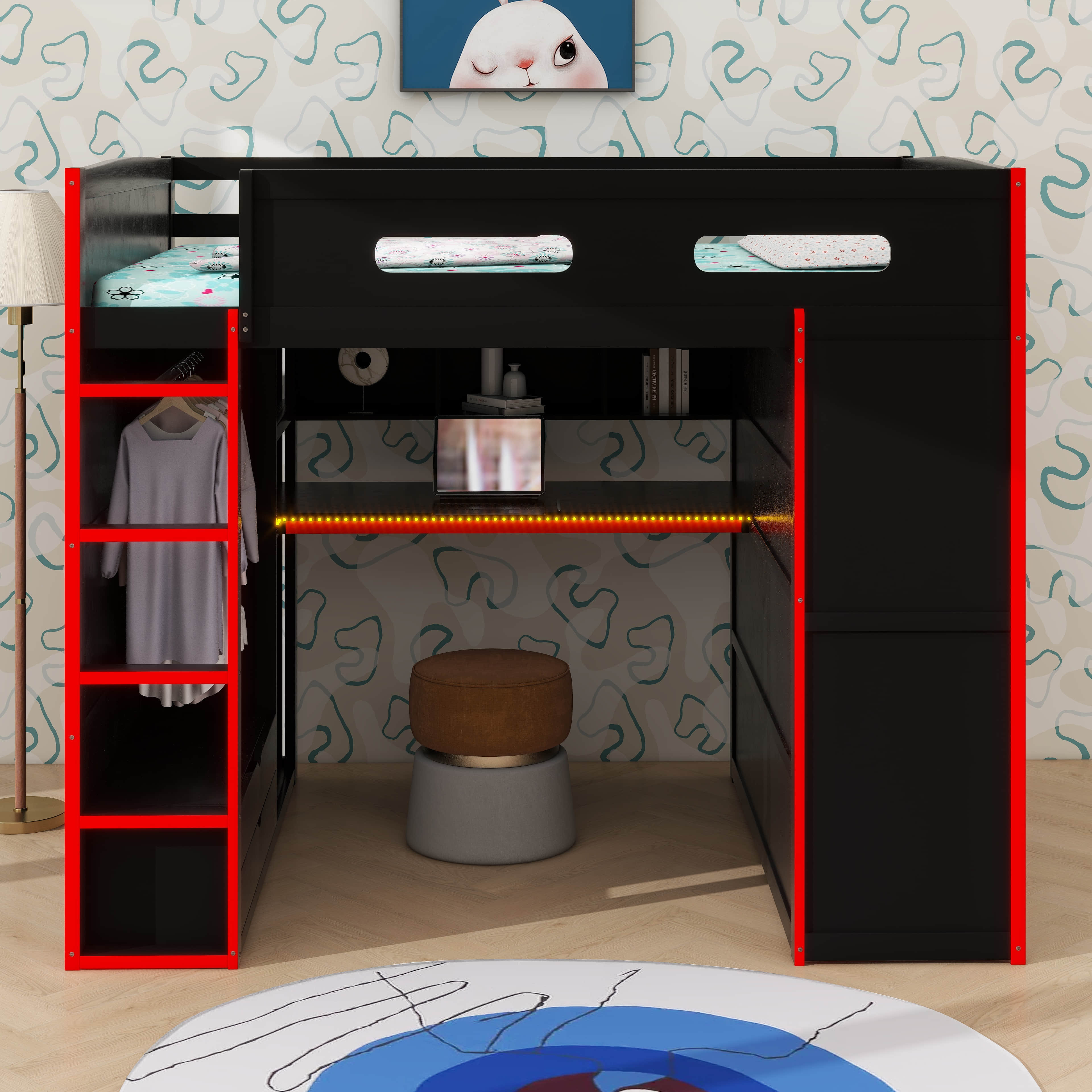 Ivy Bronx Full-Sized Wooden Loft Bed Equipped With A Desk, Wardrobe ...