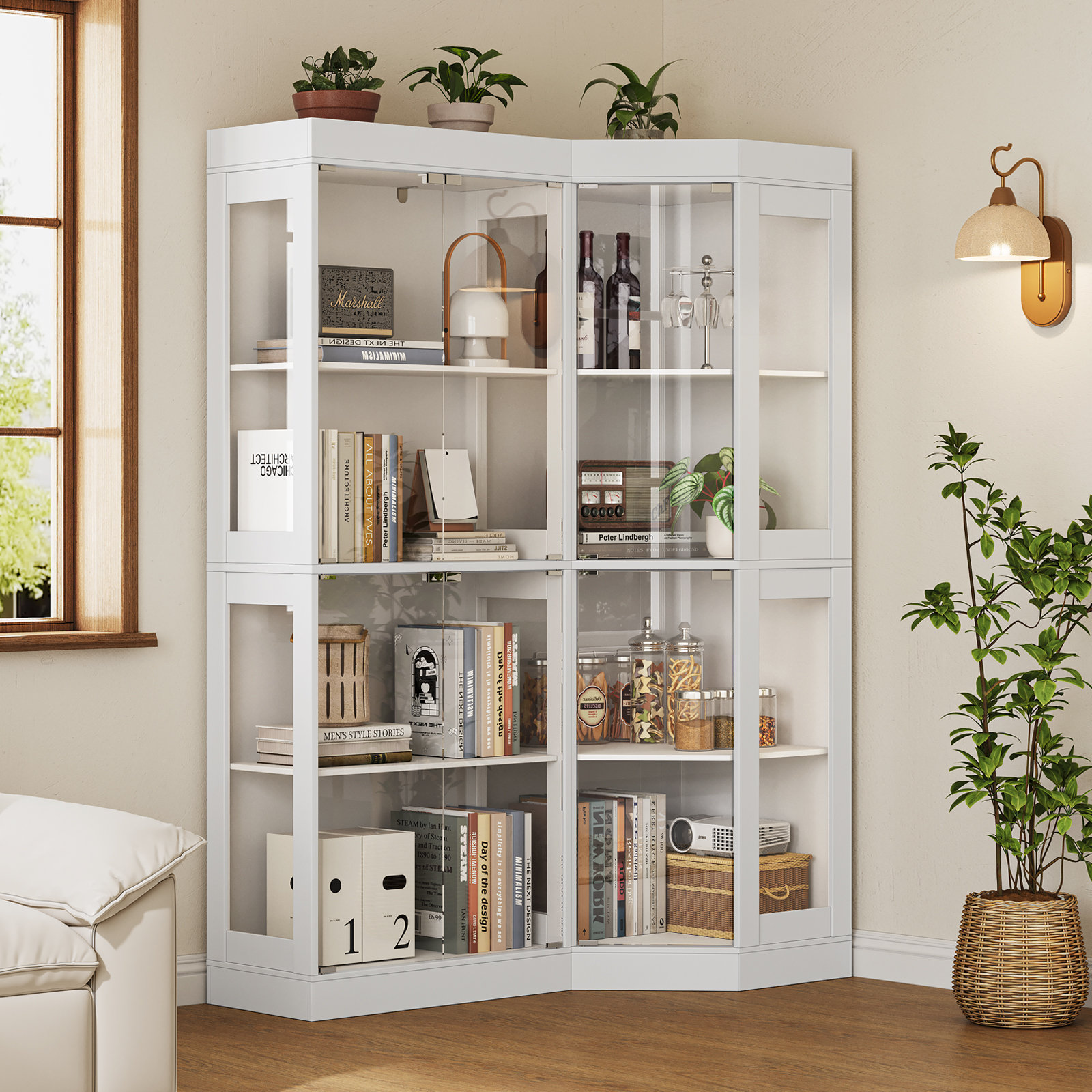 Latitude Run® Curved Wood Corner Cabinet & Glass Front Cabinet With ...