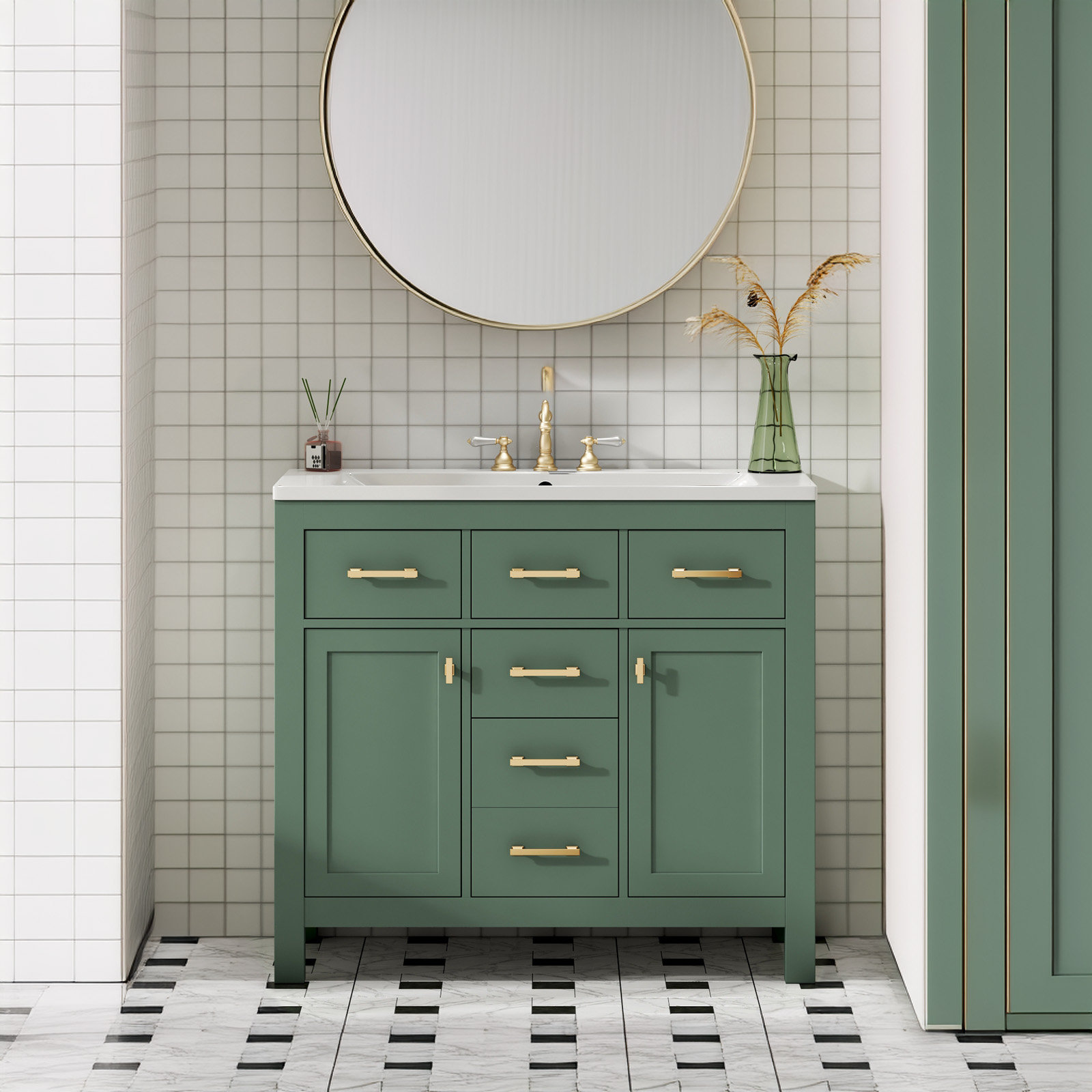red chair Bathroon Vanity with Resin Sink Combo Set,2 Cabinets ...