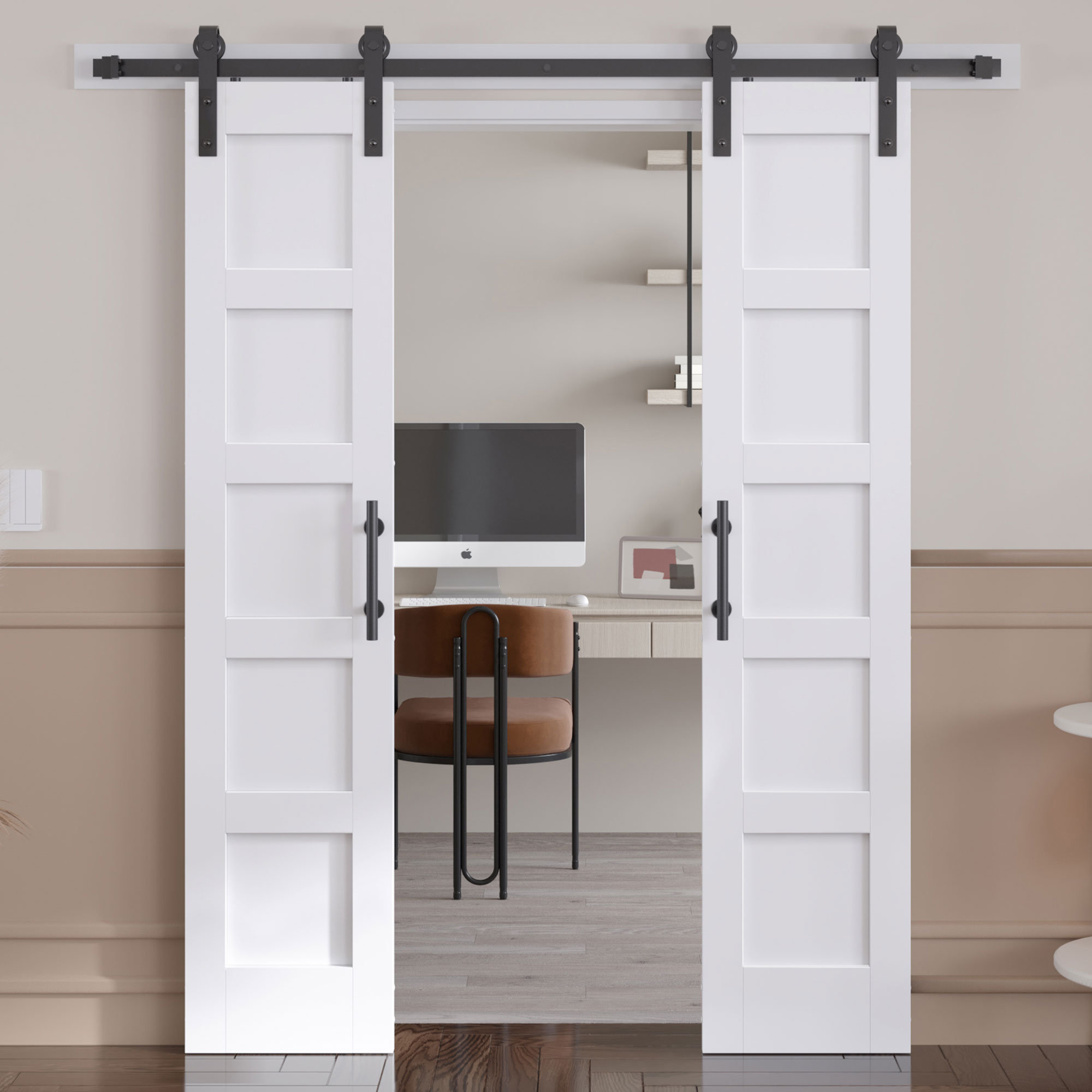 TREEBLING 5-Panel Manufactured Wood Double Barn Door with Installation ...