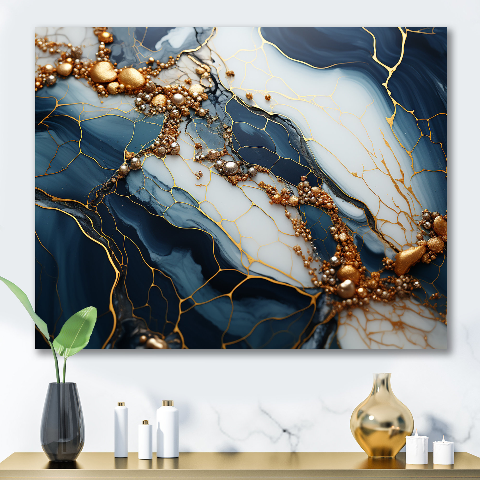 Mercer41 Gold And Blue Marble Ink Art V - Marble Wall Decor | Wayfair