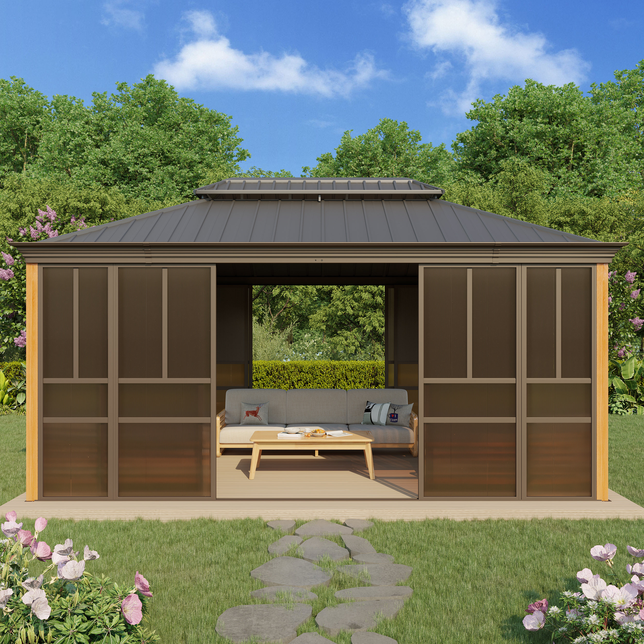 EROMMY 12 Ft. W X 16 Ft. D Outdoor Hardtop Gazebo, Double Top ...