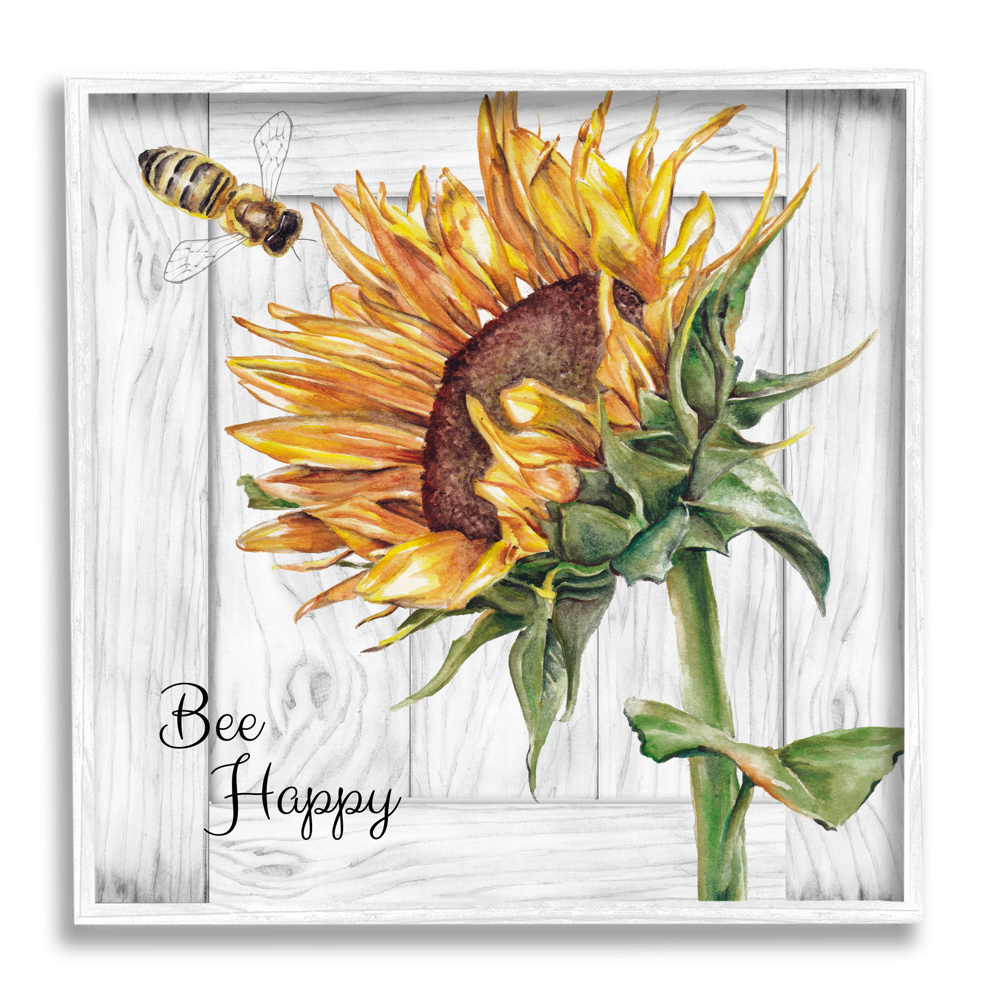 Stupell Industries Bee Happy Rustic Sunflower Framed On Wood by Levison ...