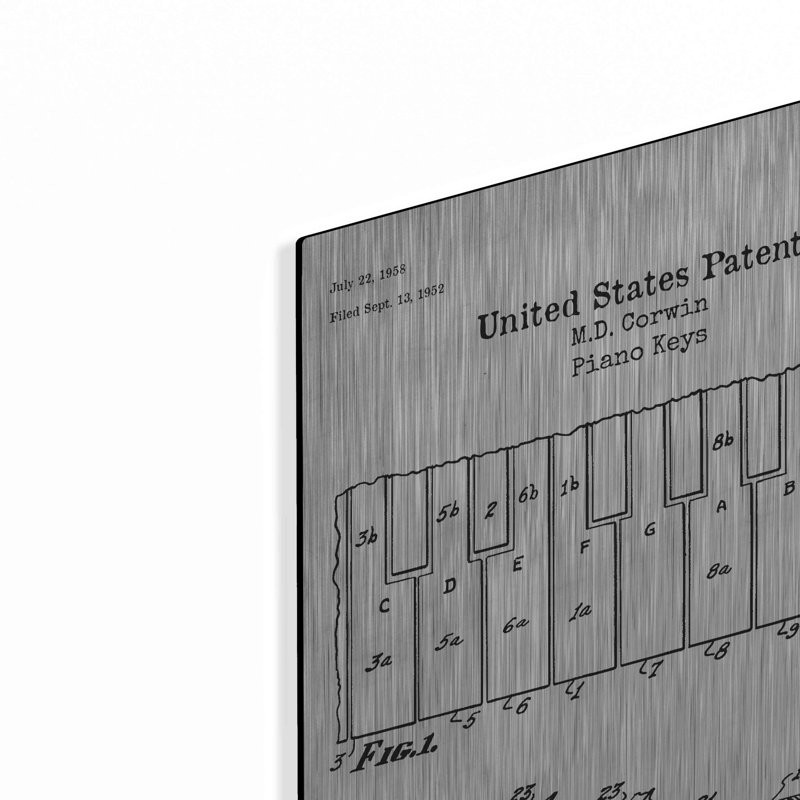 17 Stories Piano Keys Blueprint Patent White On Metal by Patents Print ...