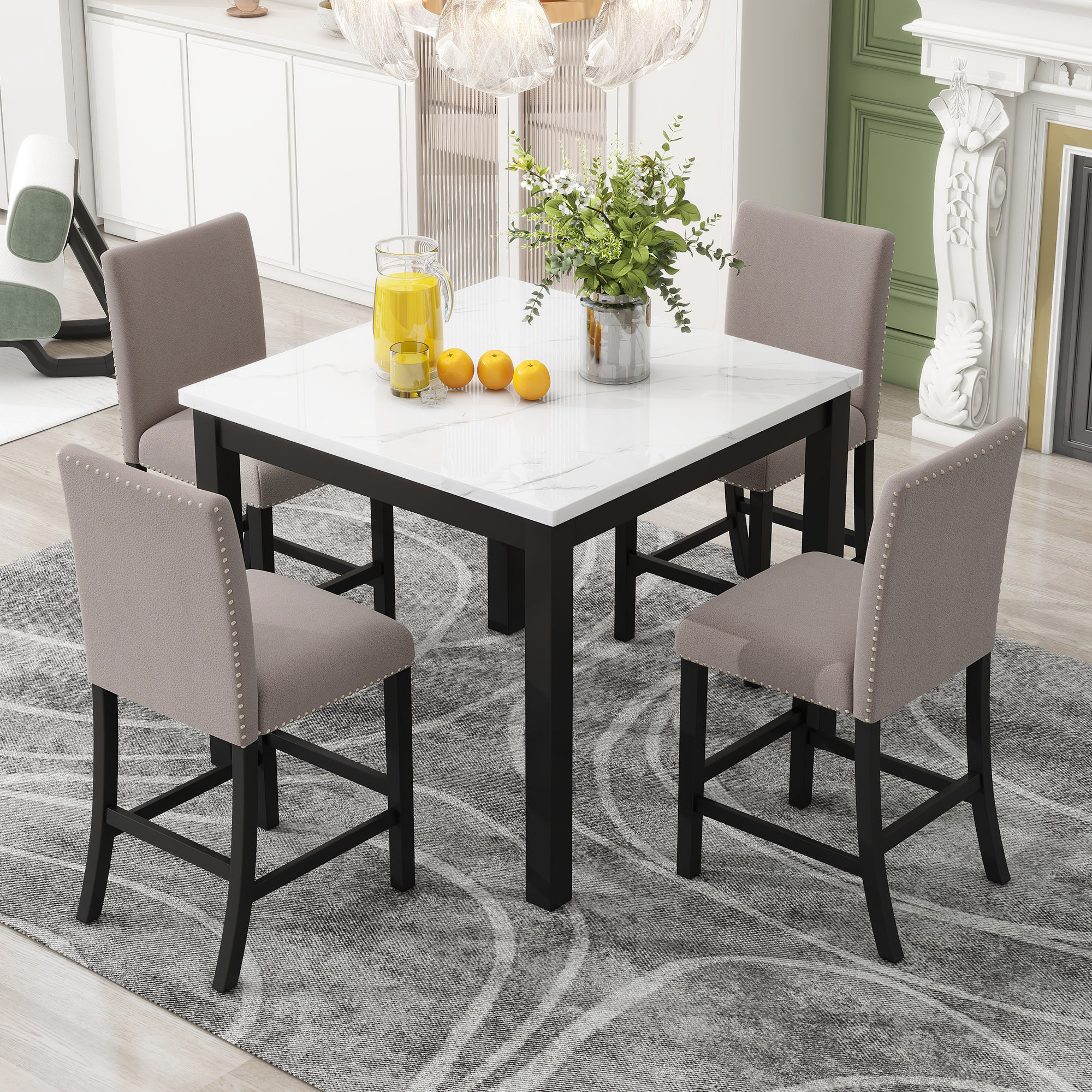 Mercer41 5-Piece Counter Height Dining Table Set With One Faux Marble ...