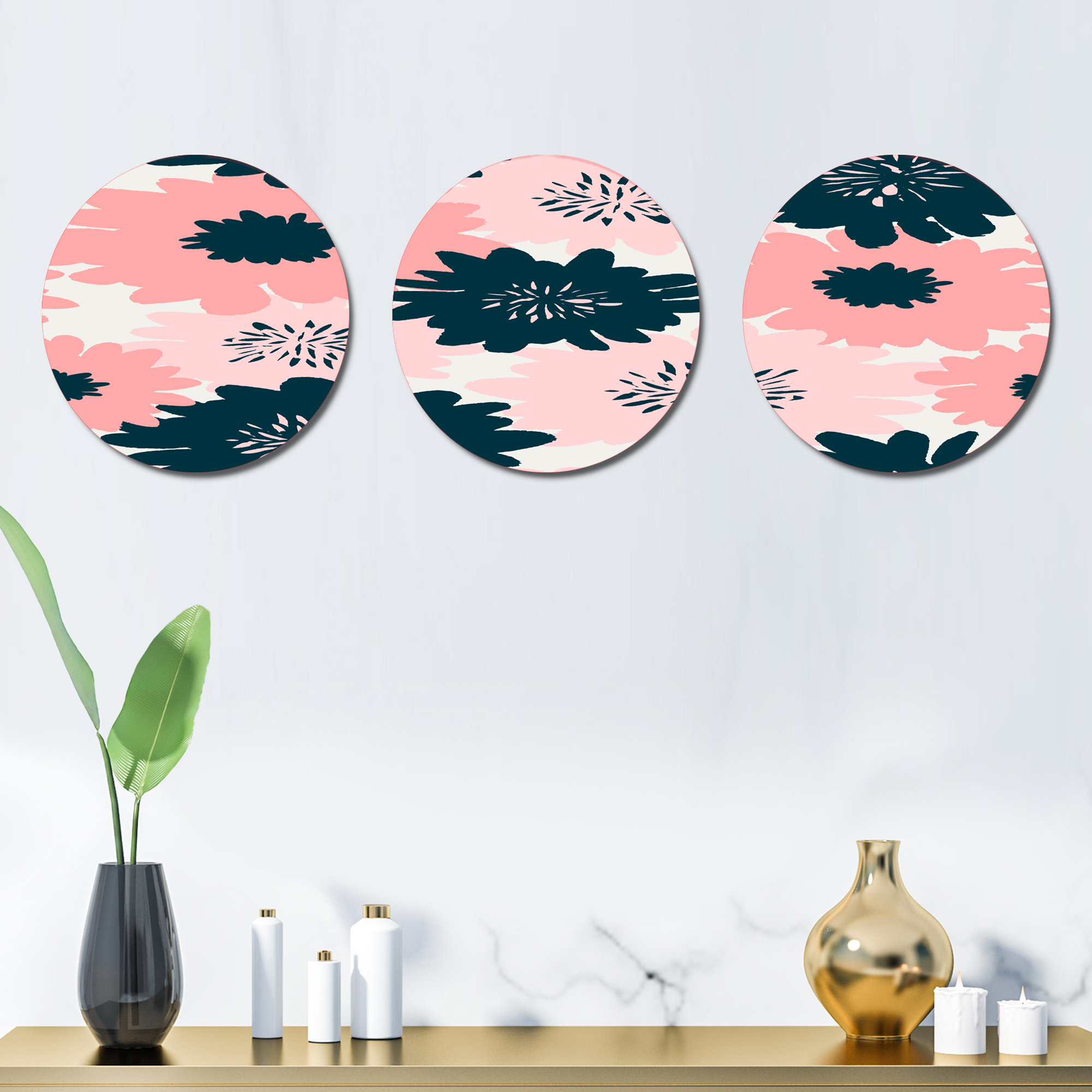East Urban Home Pink And Black Flowers II 3 Piece Print Set on Metal ...