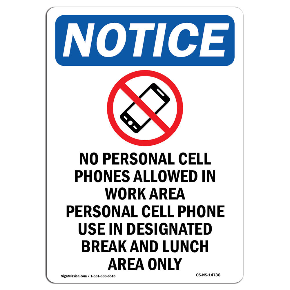 SignMission OSHA Notice - No Personal Cell Phones Sign With Symbol ...