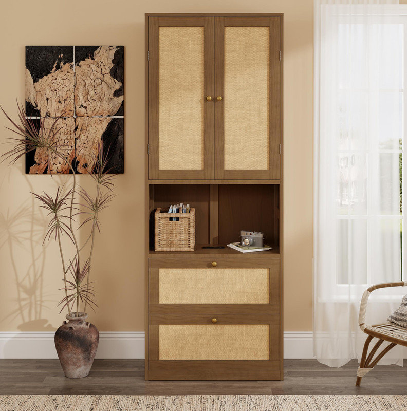George Oliver Modern Bookshelf with Charging Station - 2-Door Walnut ...