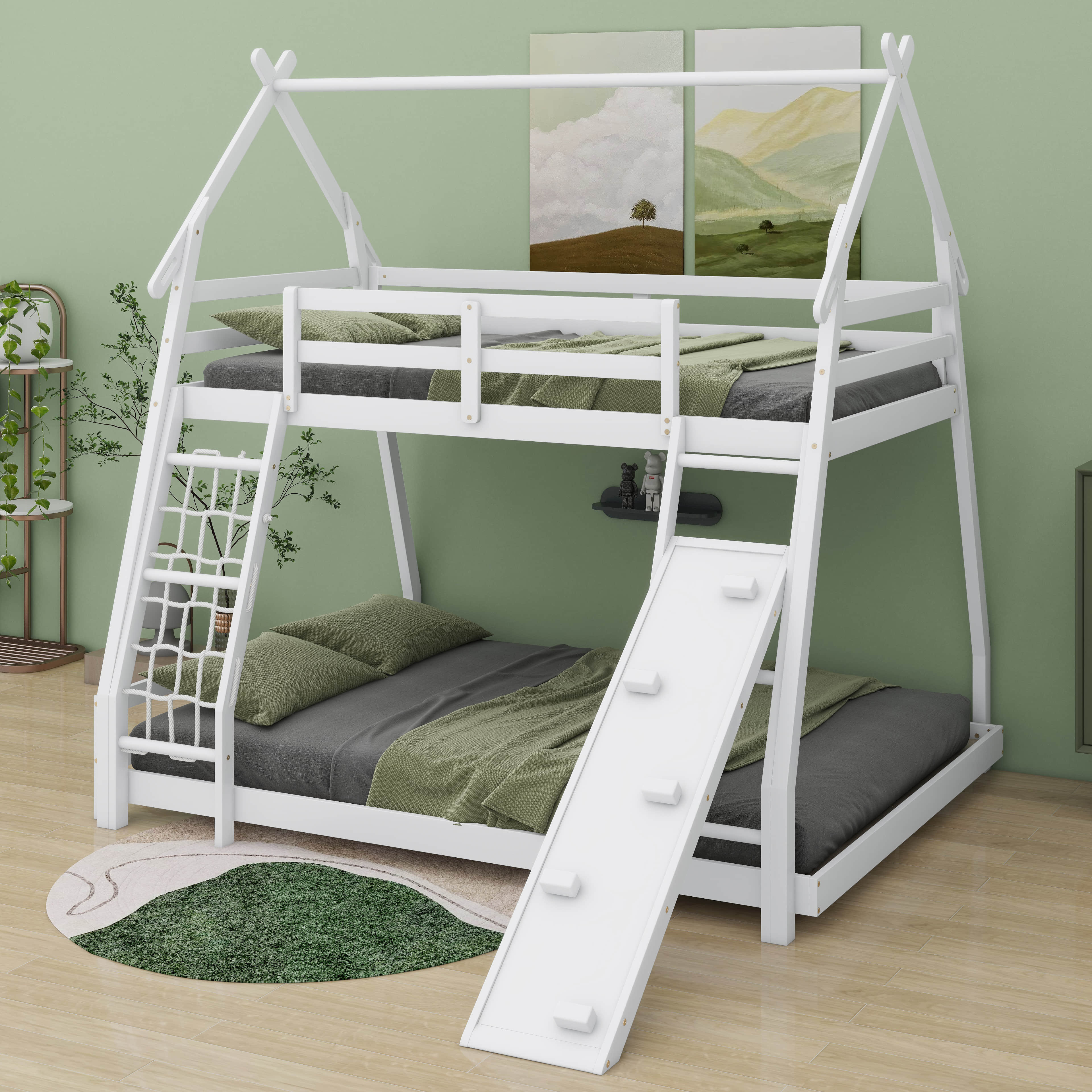 Harper Orchard Aahim Kids House Bunk Bed with Climbing Nets and ...