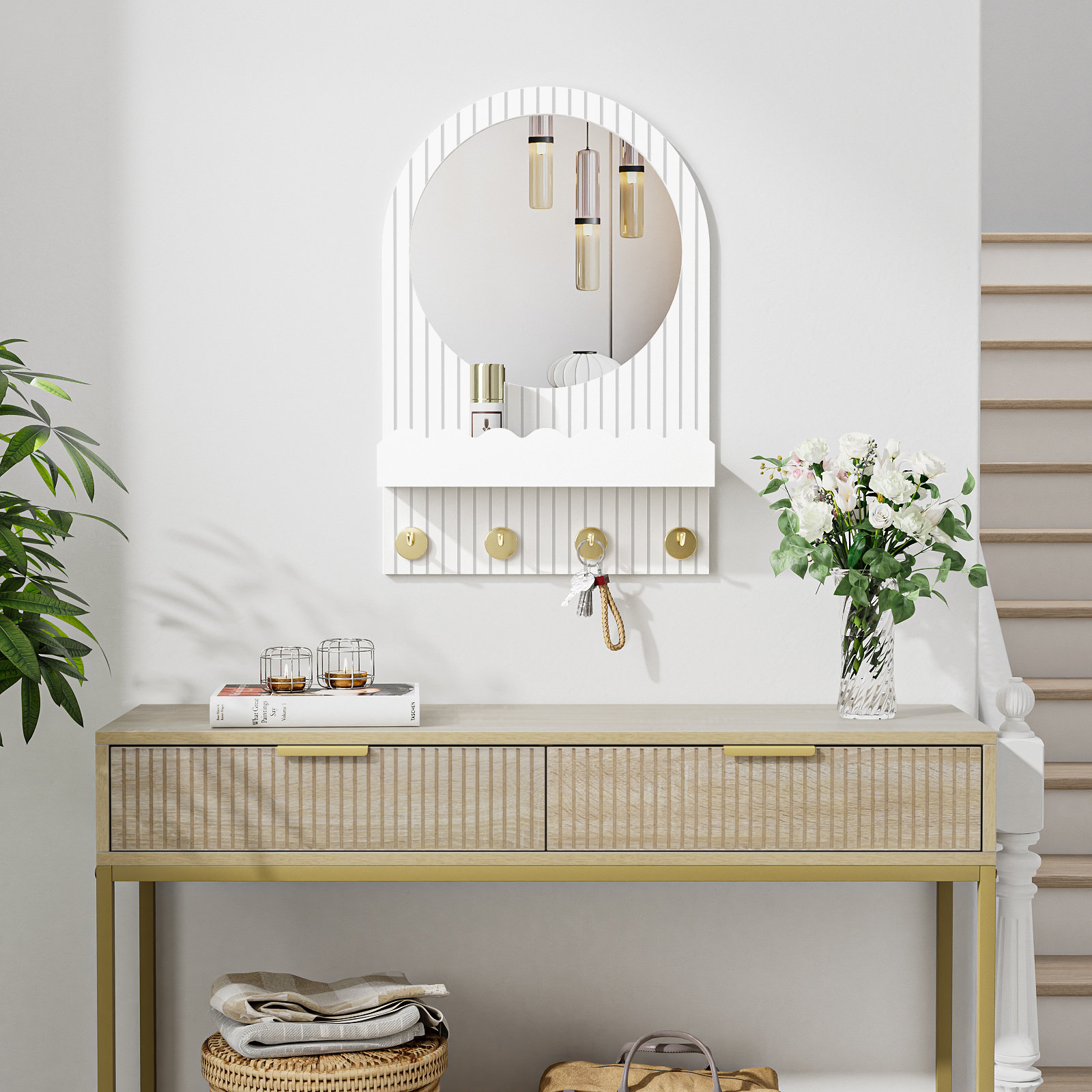 Mercer41 Wall Mirror With Shelf And Hooks, 24" Entryway Vanity Mirror ...