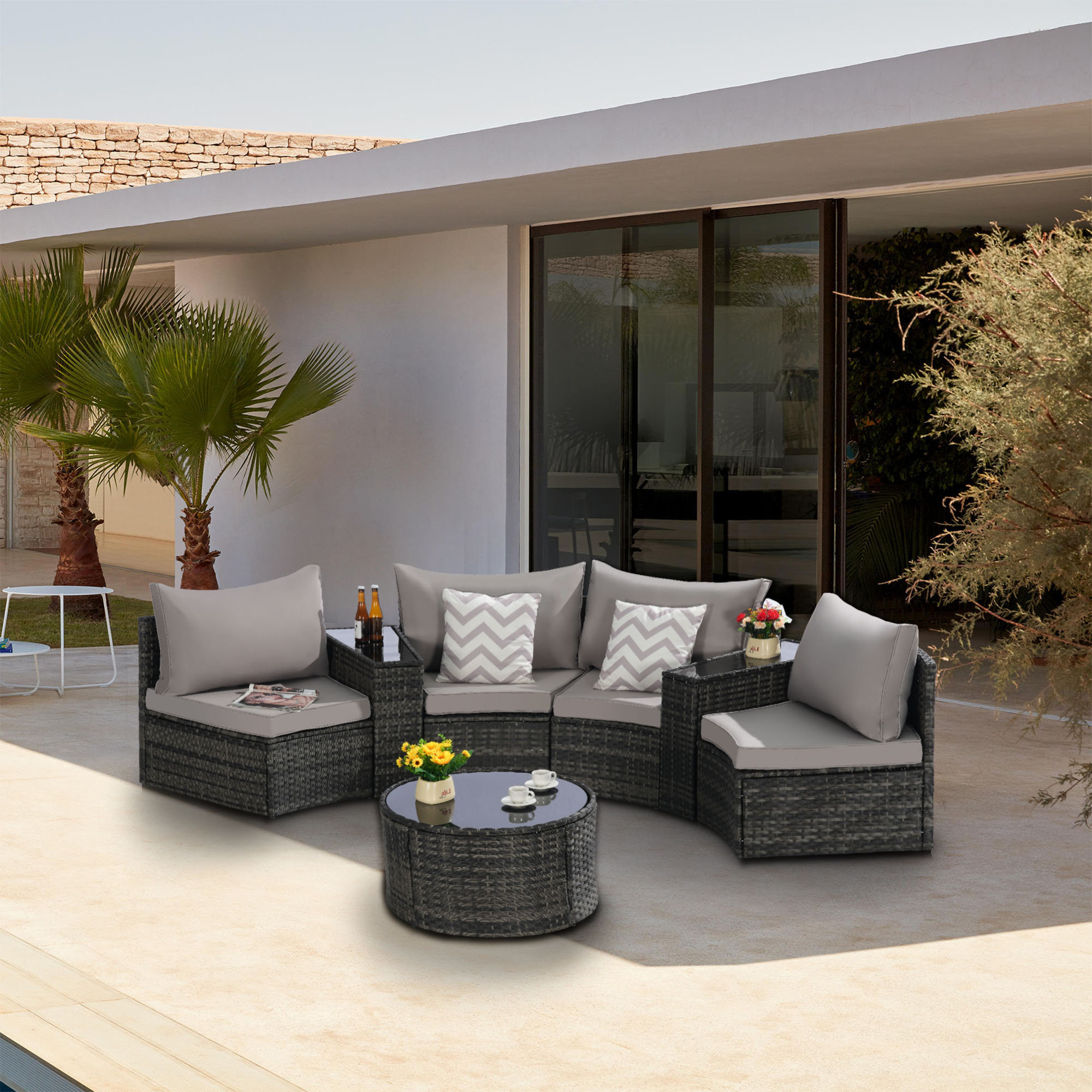 Ebern Designs 7-Piece Sectional Outdoor Conversation Set with 4 Armless ...