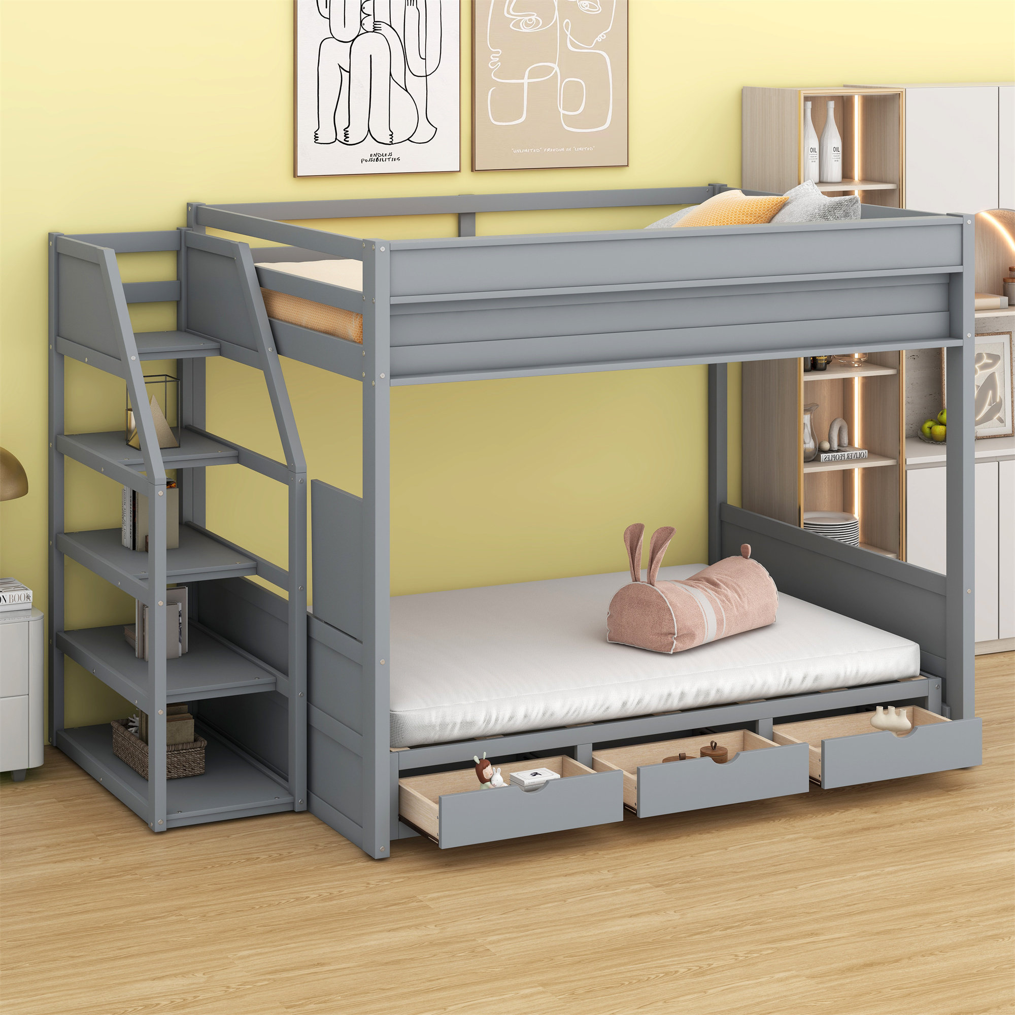 Harriet Bee Convertible Bunk Bed With Storage Staircase,Bedside Table ...