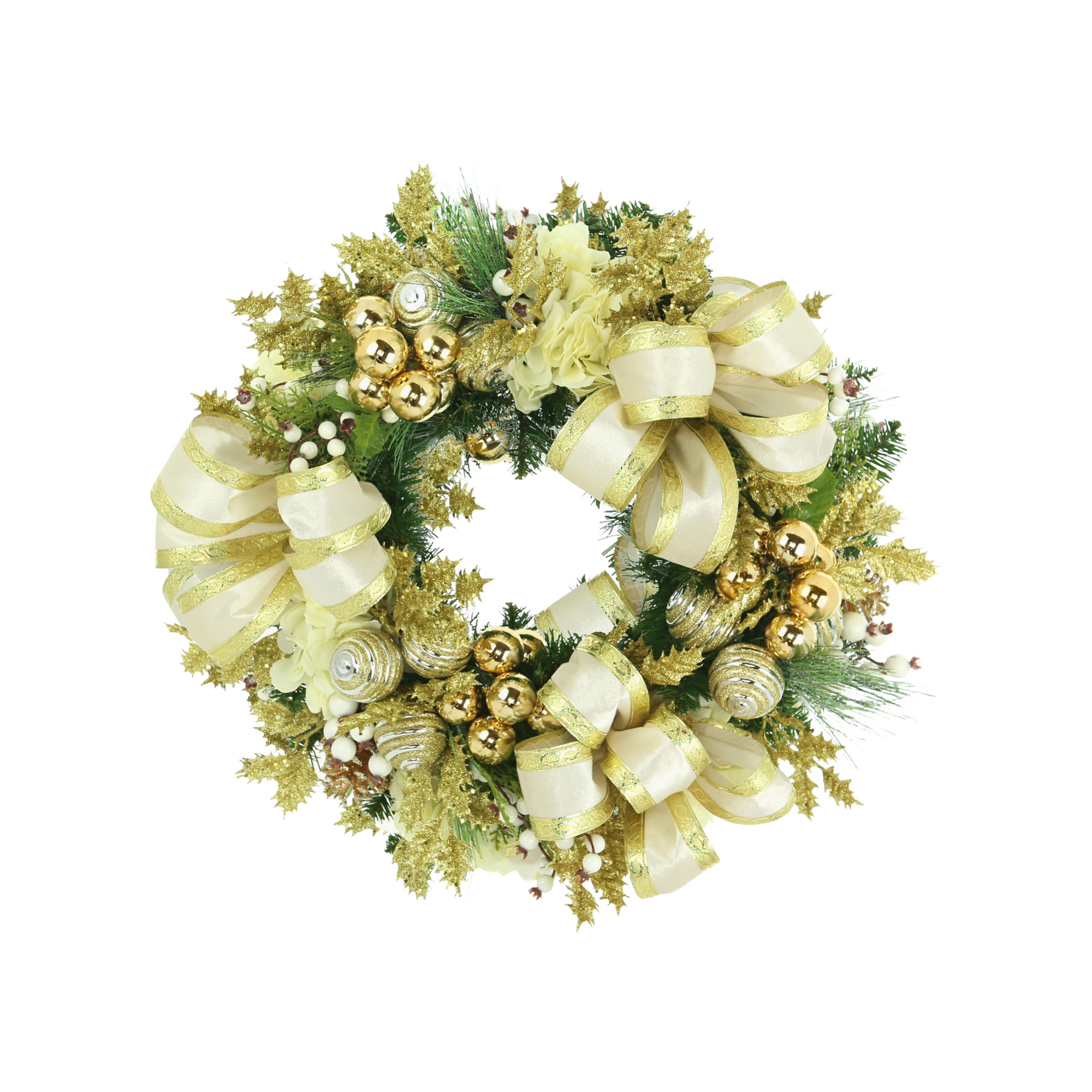 The Holiday Aisle® Jeyli Cream Hydrangeas with Gold Ornaments and a ...