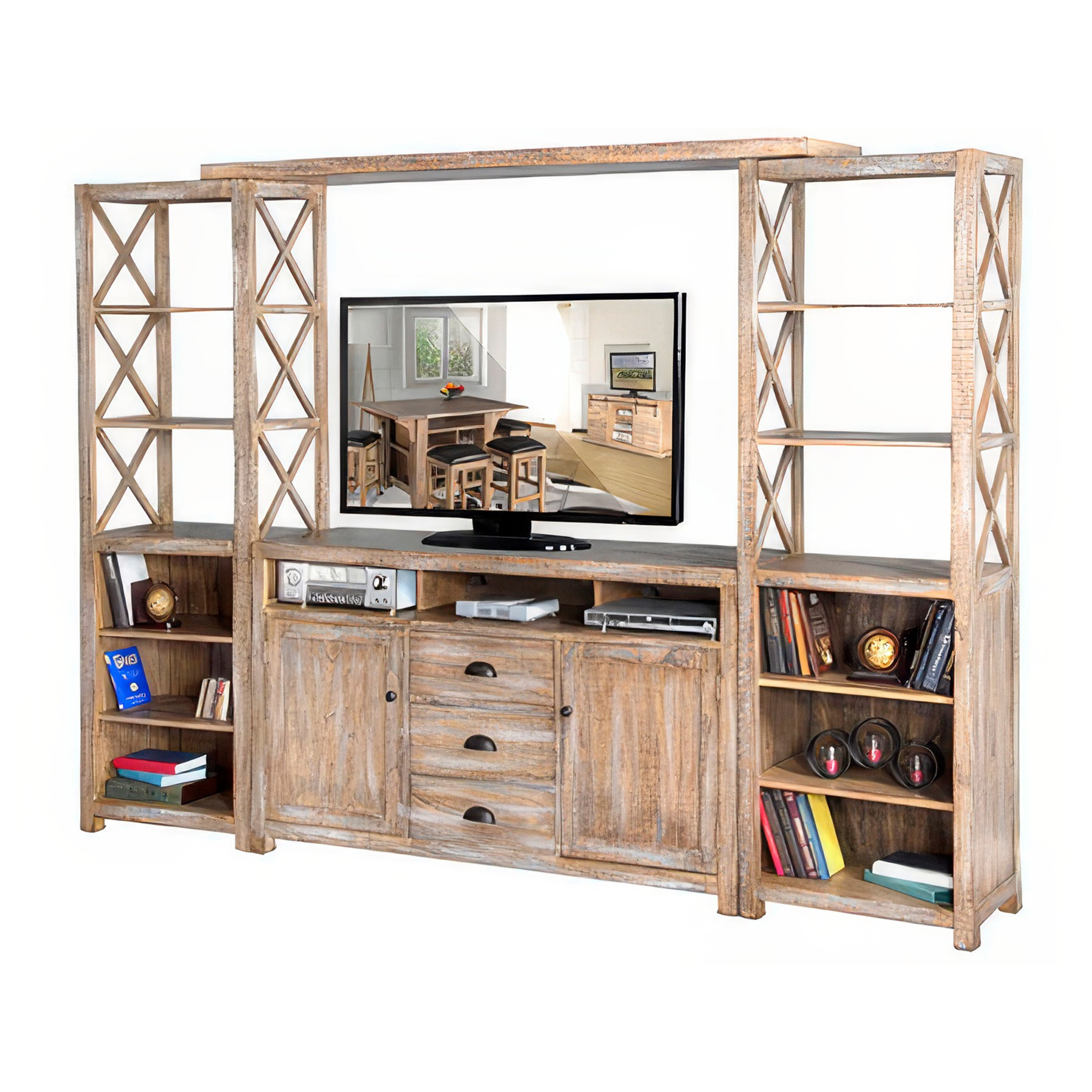 Benjara Rany 4Pc TV Wall Entertainment Console, 2 Pier, Bridge, Brown ...