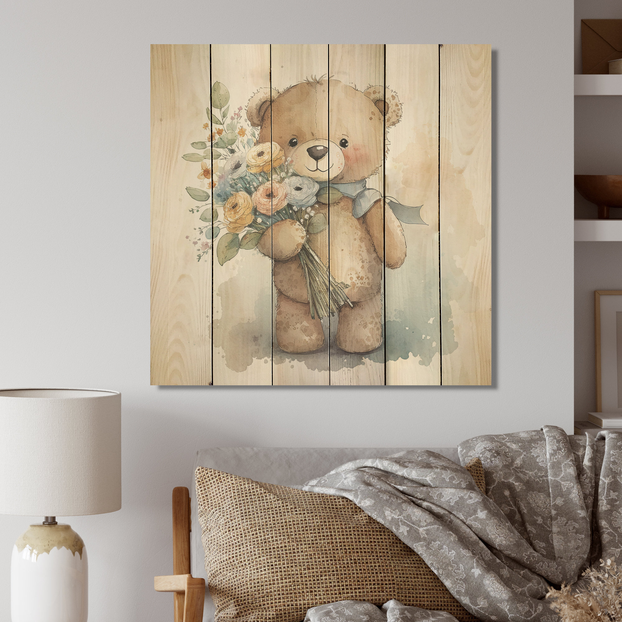 Zoomie Kids Nancy Teddy Bear Love Holding Flowers II - Unframed Print ...