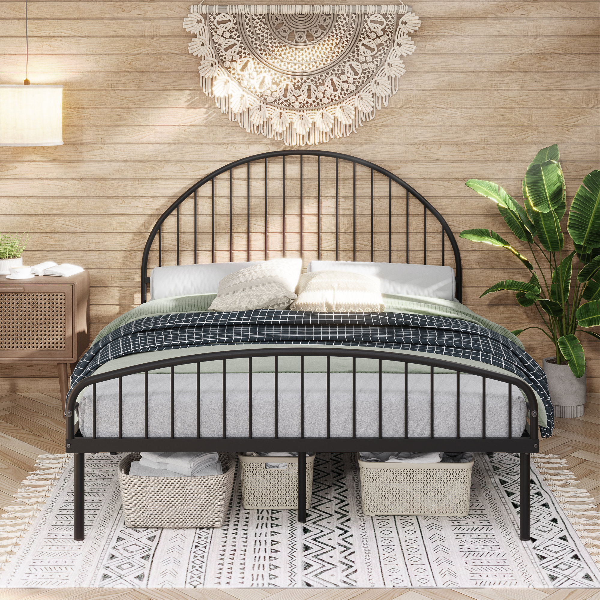 Ebern Designs Retro Metal Open-Frame Bed With High Headboard And ...