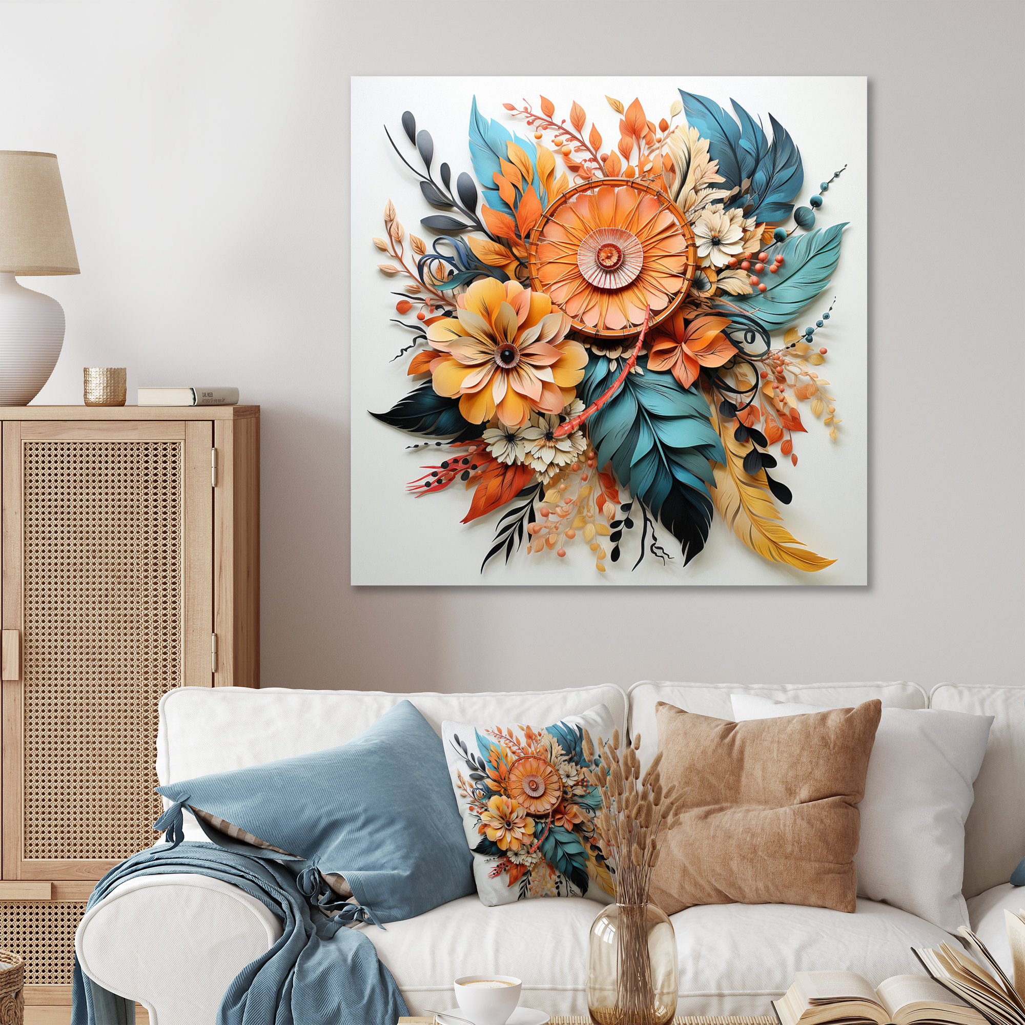 Bungalow Rose Orange Boho Flowers And Blue Feathers On Canvas Print ...