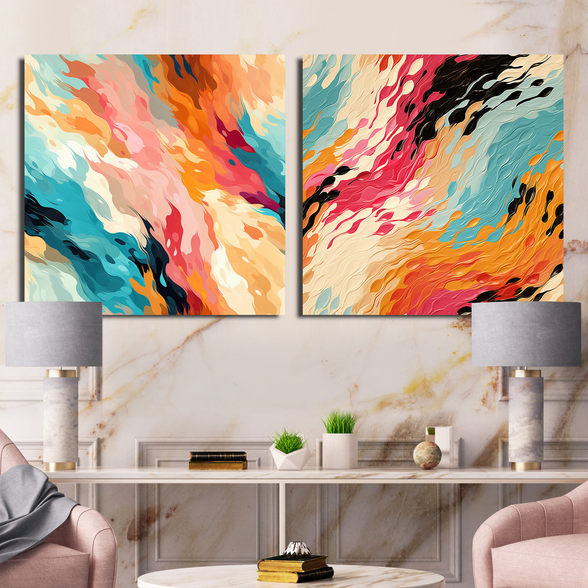 Design Art Multicolor Feather Fury - Abstract Square Collage Set Of 2 ...