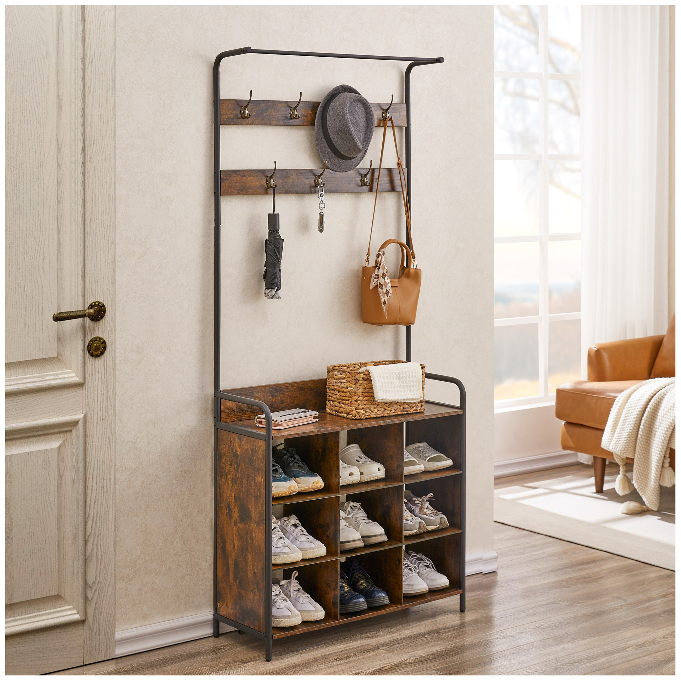 Taroo Clocks Coat Rack, Hall Tree with Shoe Rack for Entryway, 3-in-1 ...