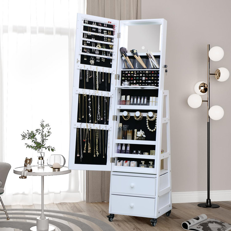 Red Barrel Studio® Cabinet Standing Mirror with Drawers Wheels Full ...